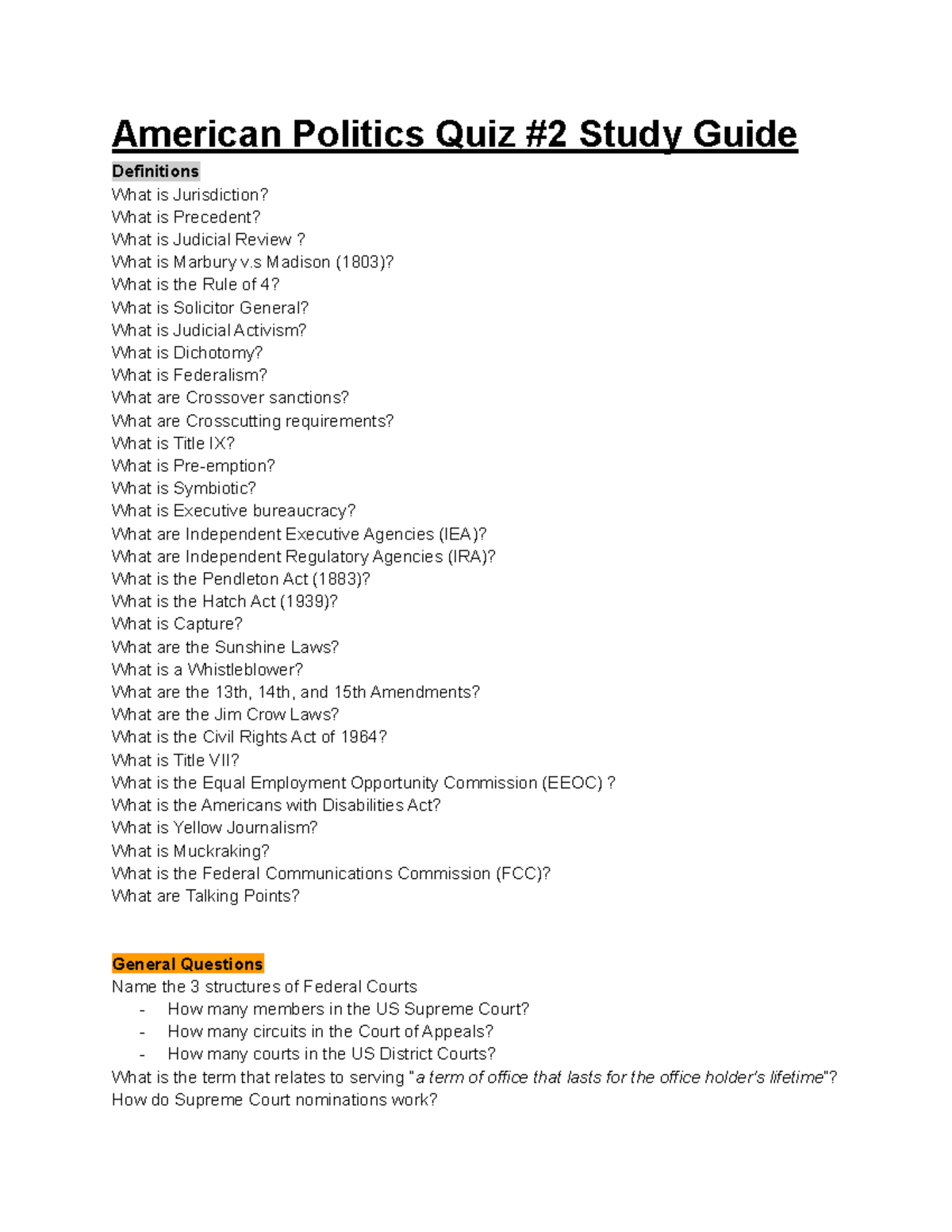 American Politics Quiz #2 Study Guide - Brady (1942)? What is the role ...