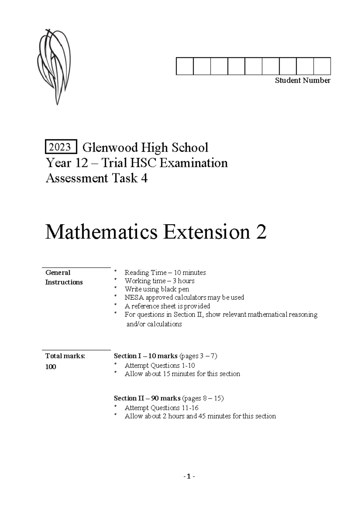 Glenwood 2023 4U Trials & Solutions - Student Number Glenwood High ...
