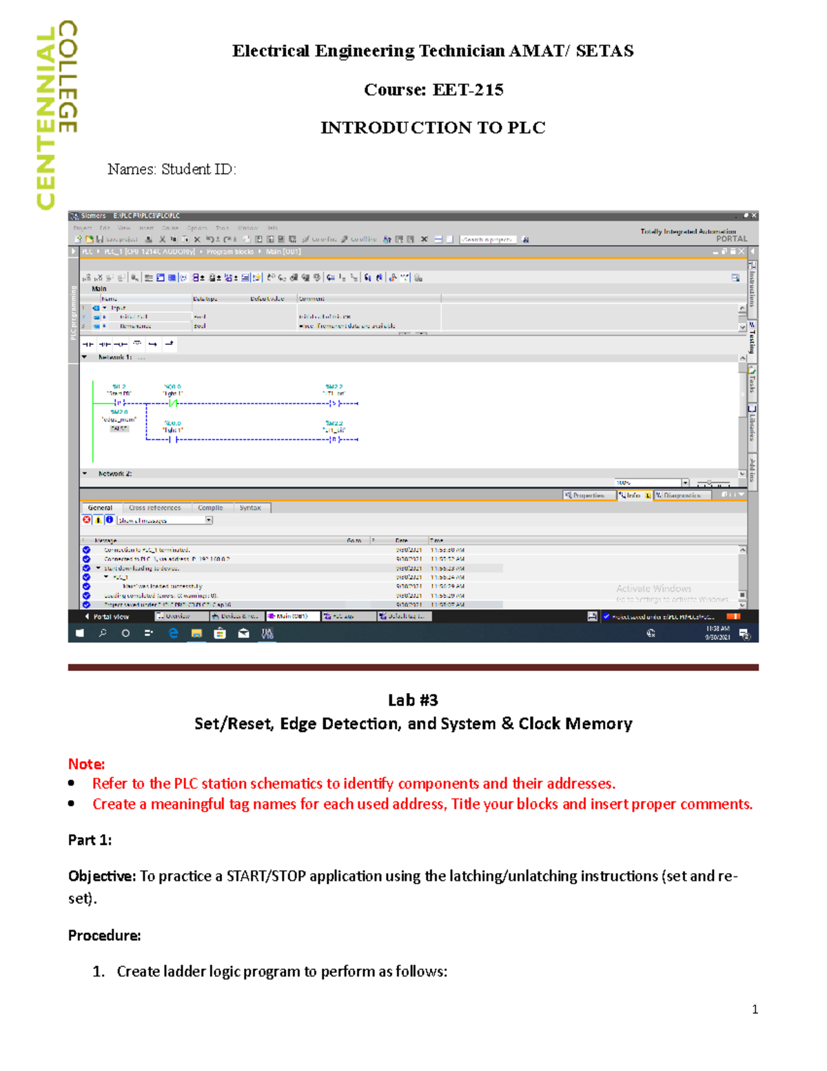 EET215 Lab 3 Edge Detection & Memory BIts - Electrical Engineering Technician AMAT/ SETAS Course ...