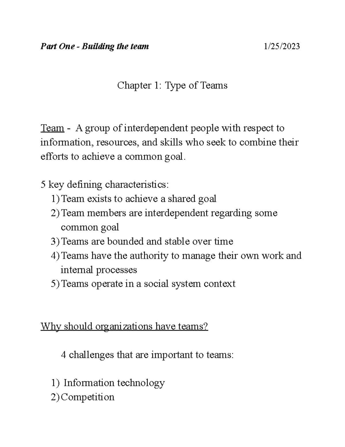 Chapter 1 - Part One - Building the team 1/25/ Chapter 1: Type of Teams ...