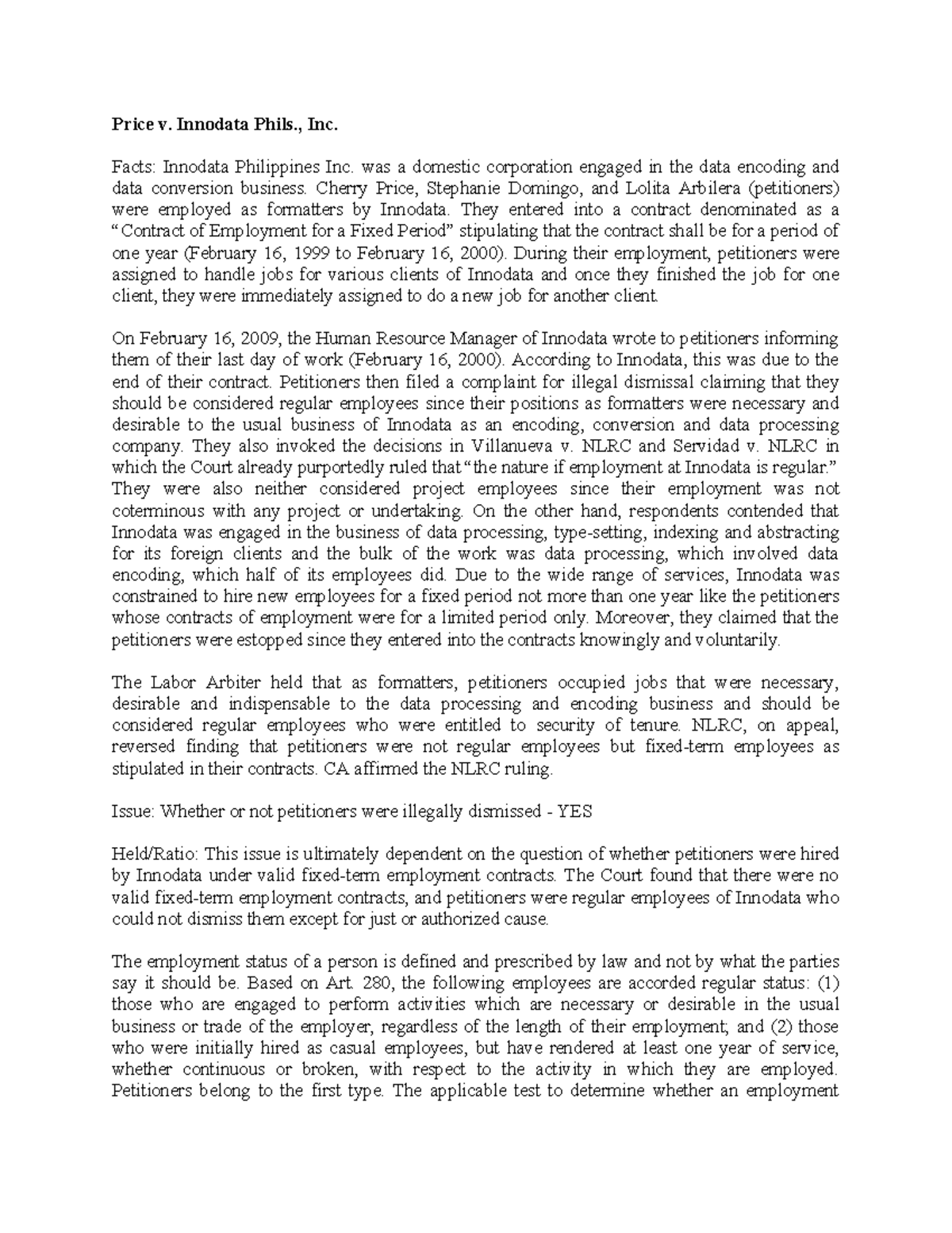 16. Prince v. Innodata - NOTES - Price v. Innodata Phils., Inc. Facts ...