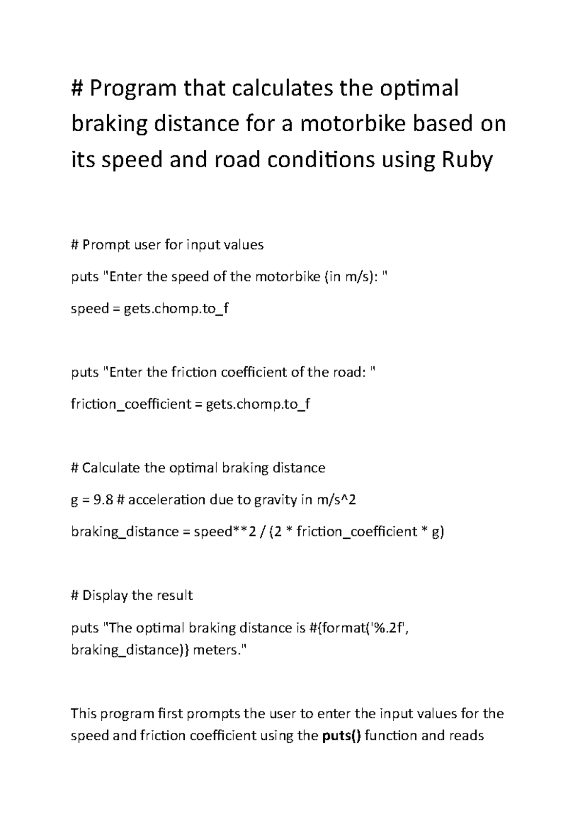 Program That Calculates The Optimal Braking Distance For A Motorbike Based On Its Speed And Road 