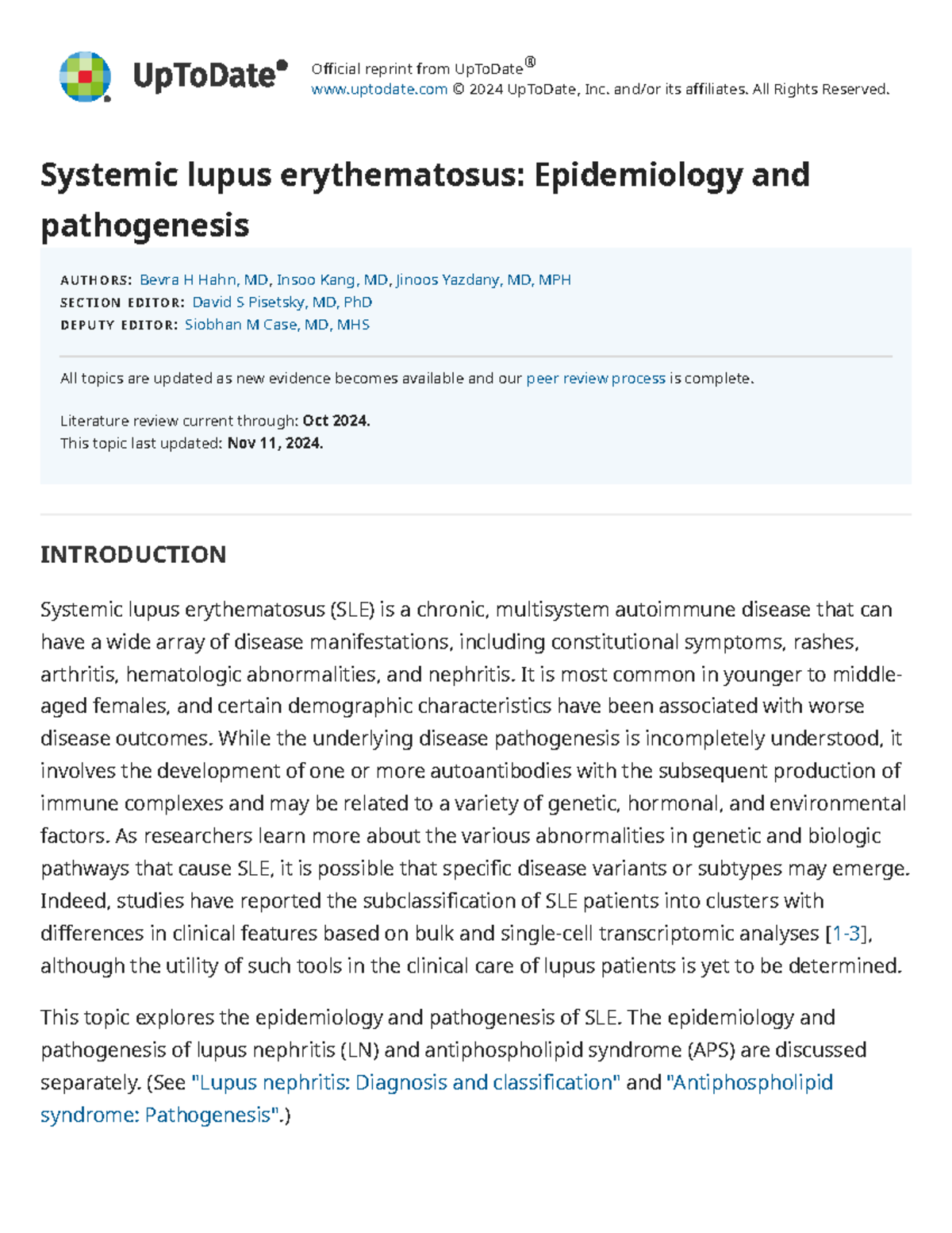 Systemic lupus erythematosus Epidemiology and pathogenesis - Up To Date - Official reprint from ...