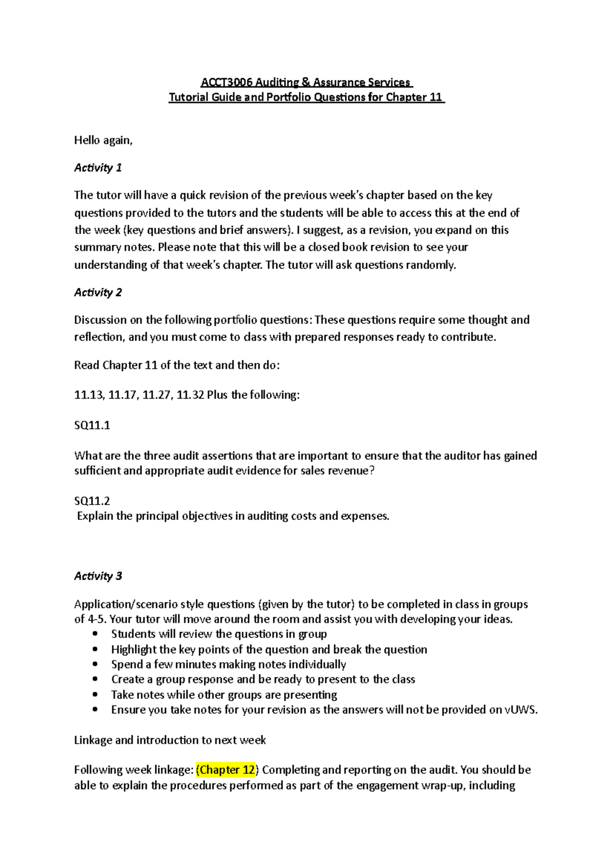 Tutorial Guide and Portfolio Question - ACCT3006 Auditing & Assurance Services Tutorial Guide ...