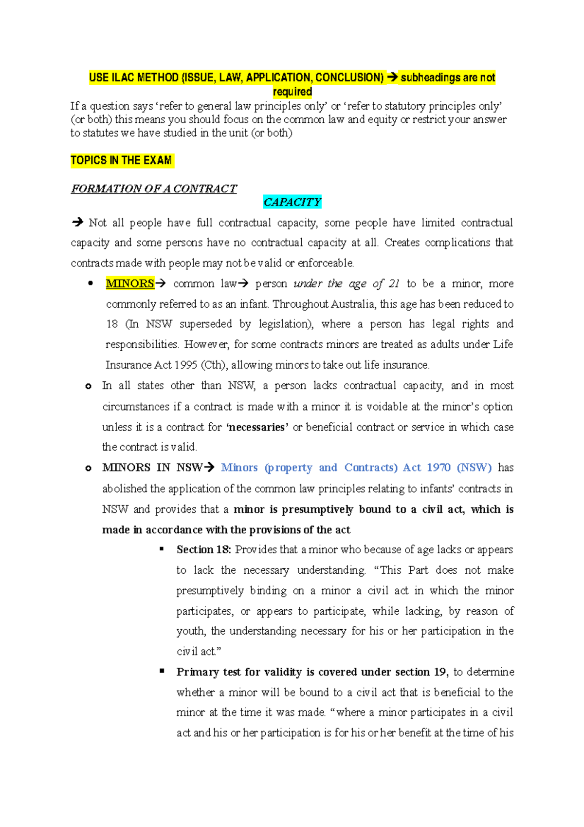 Contract LAW EXAM Notes - USE ILAC METHOD (ISSUE, LAW, APPLICATION ...
