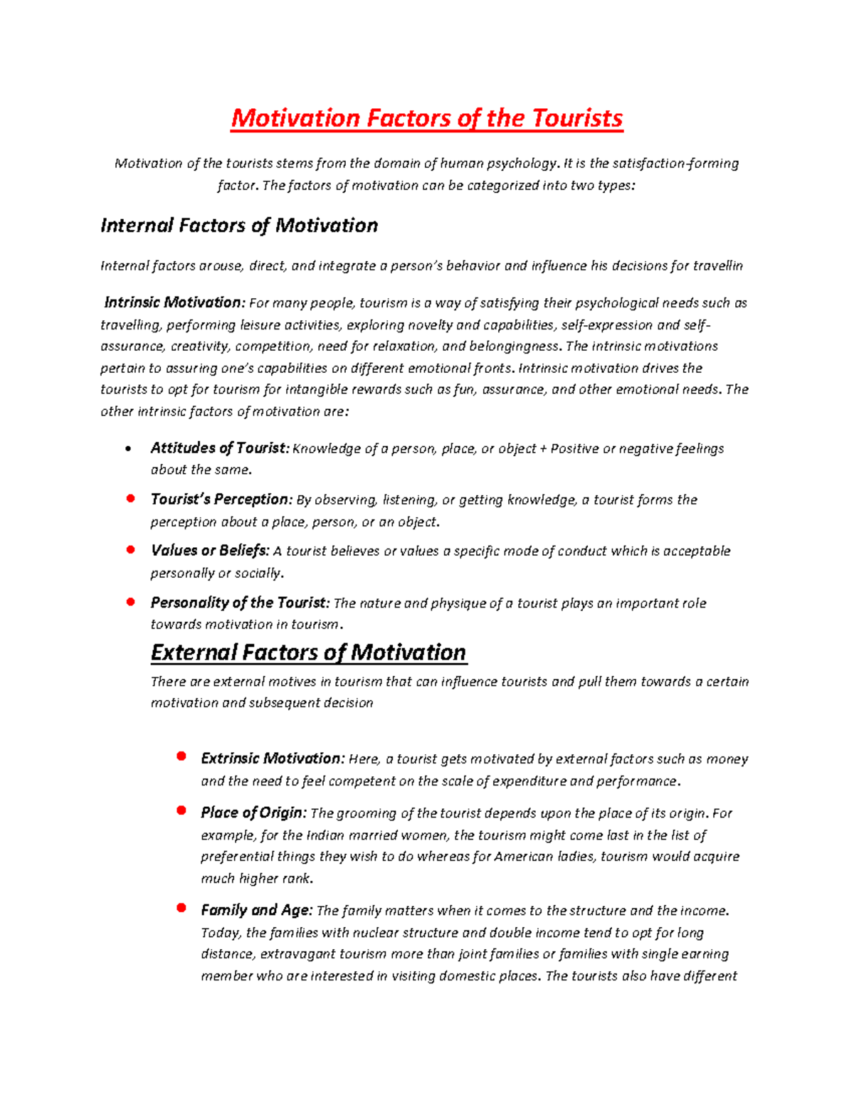 Motivation facters of tourists - Motivation Factors of the Tourists ...