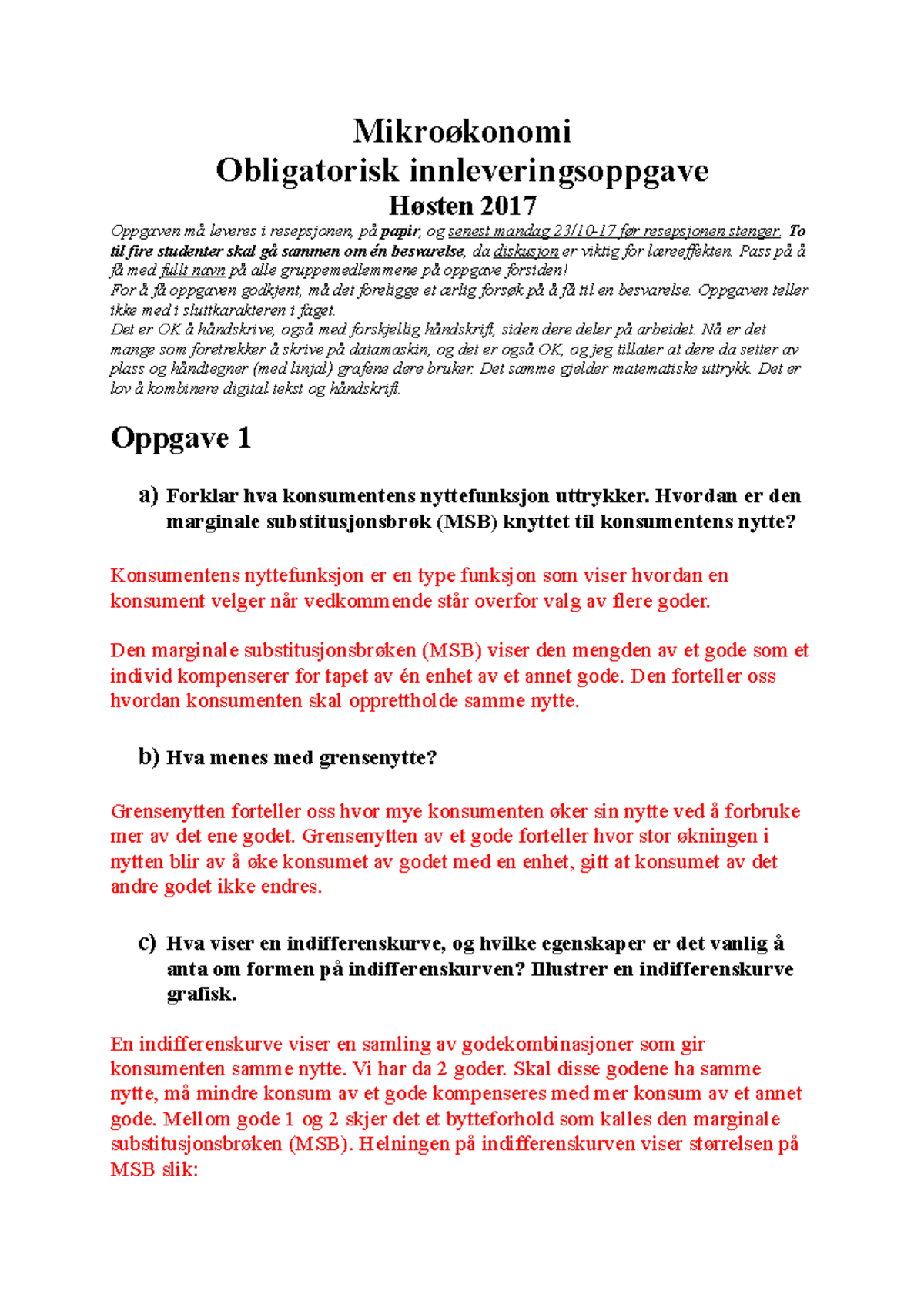 Innlevering - Obligatorisk oppgave for å ta opp eksamen. - Mikroøkonomi Obligatorisk - Studocu