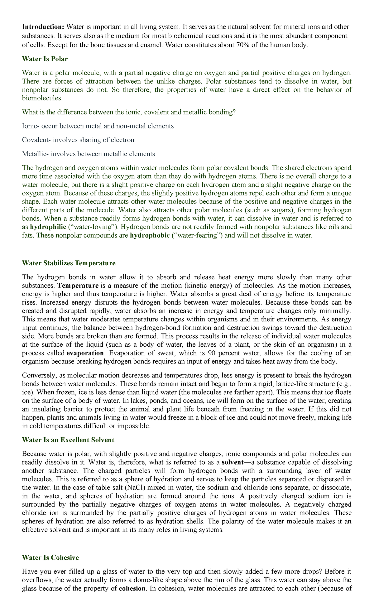 Lesson 1 - none - Introduction: Water is important in all living system ...