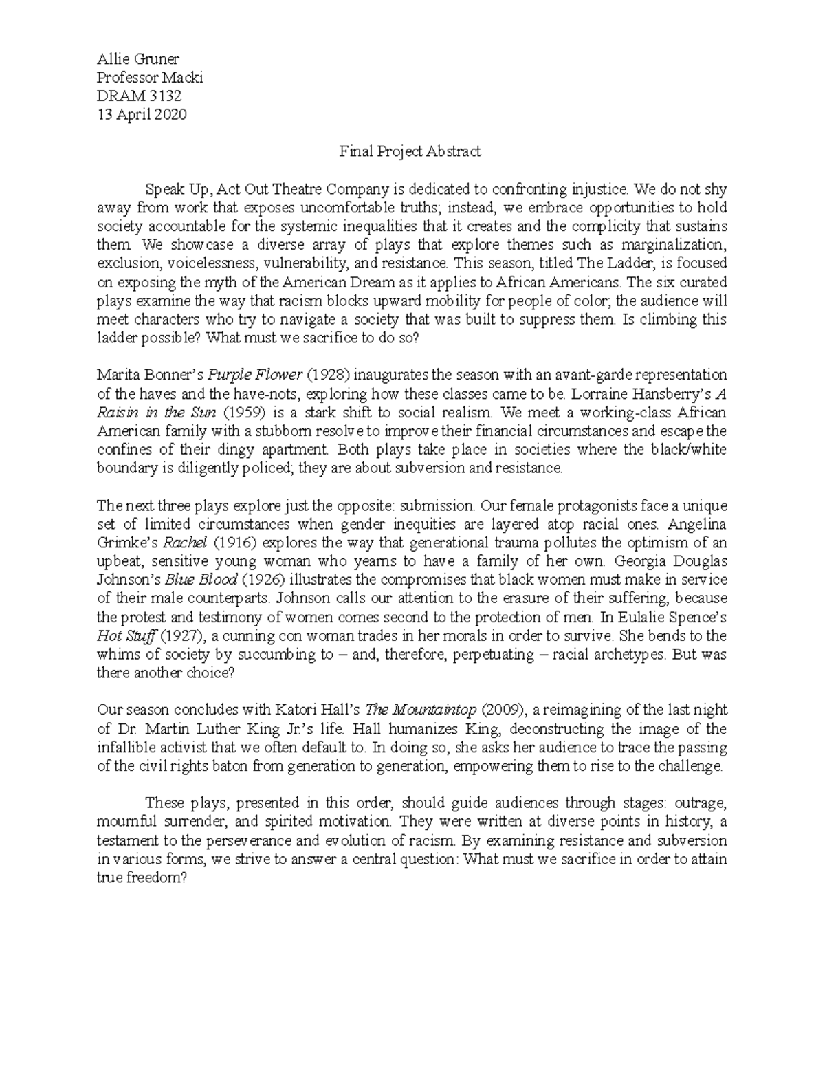 Final Project Abstract - Allie Gruner Professor Macki DRAM 3132 13 ...