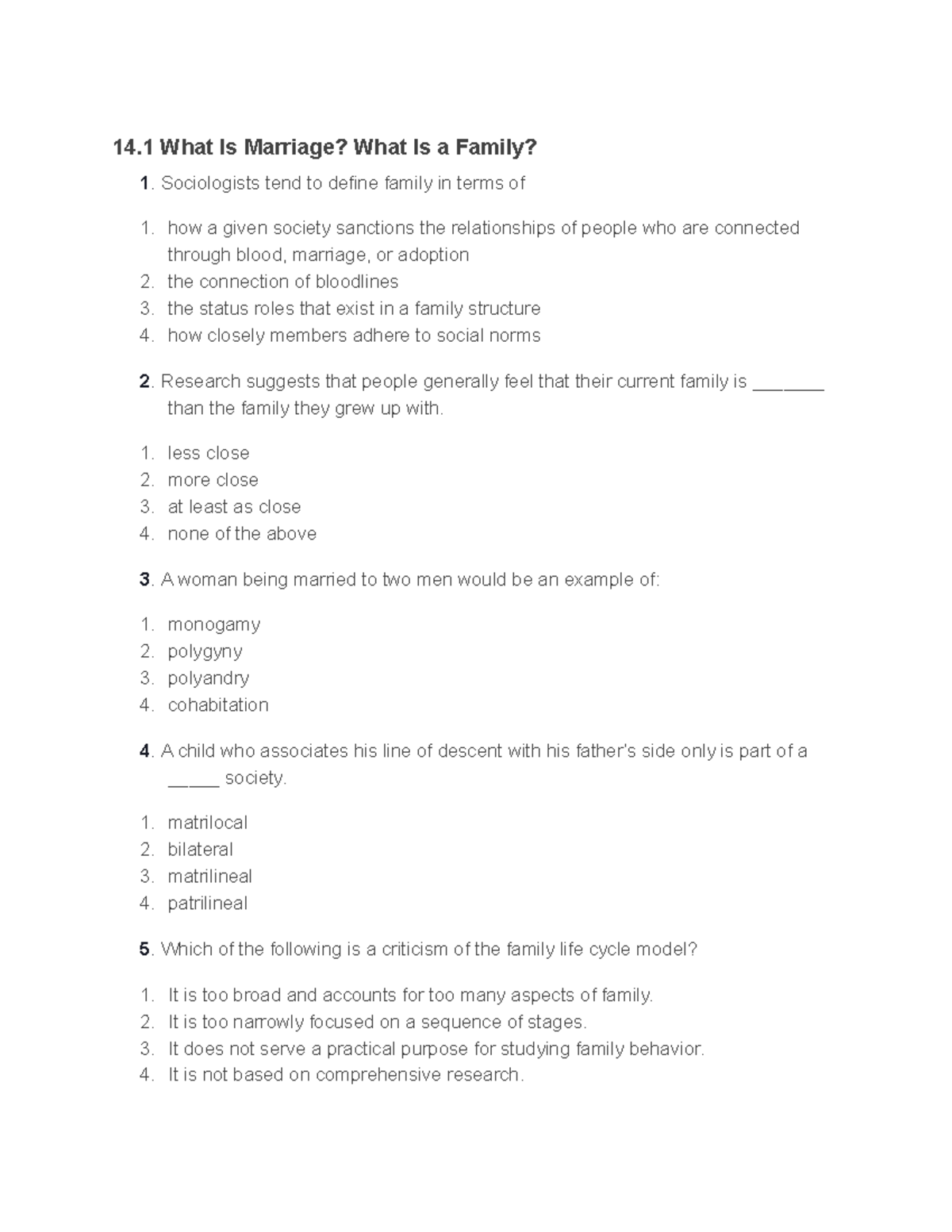 Soc 1 Chapters 14 Study Guide (No Answers) - 14 What Is Marriage? What ...