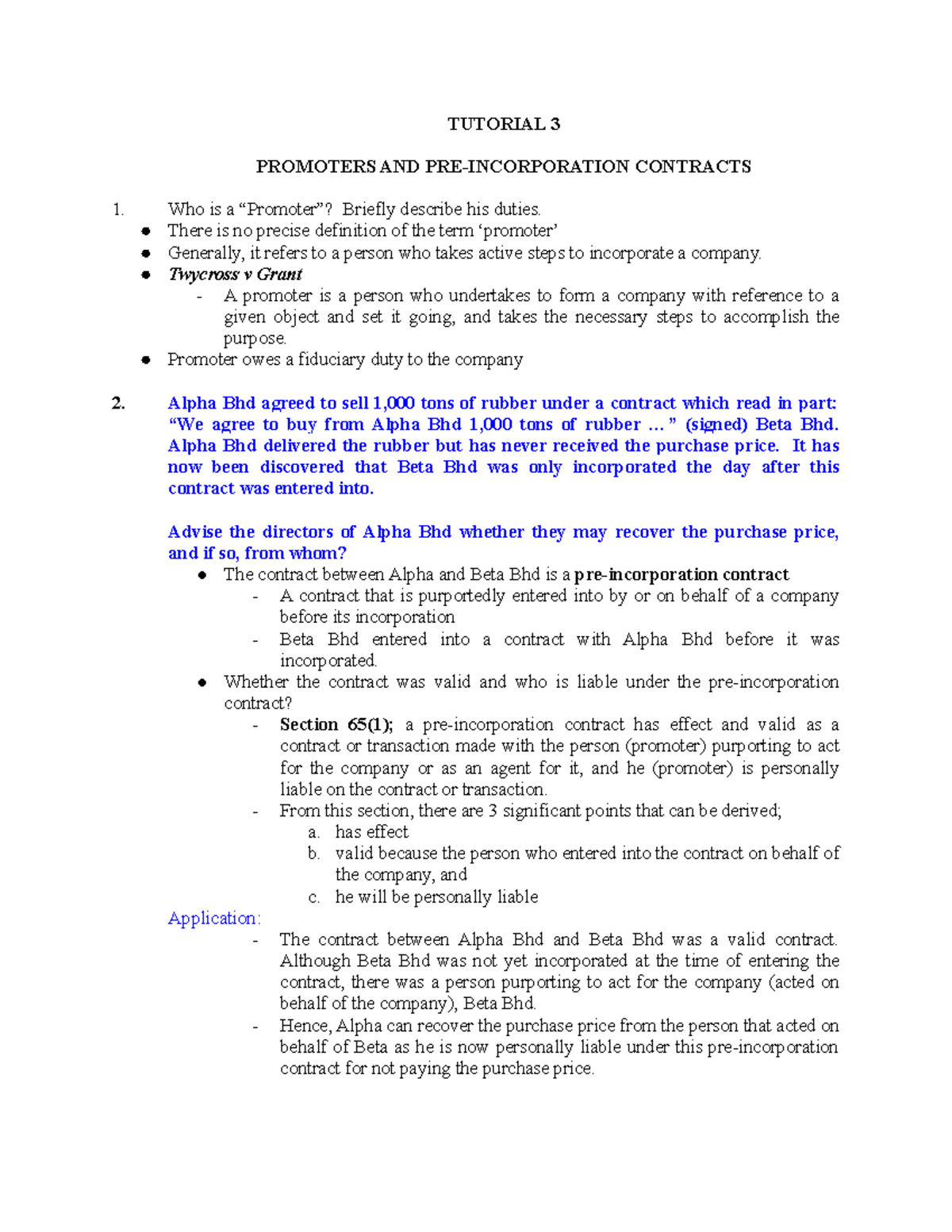 Tutorial 3 - tuto company - TUTORIAL 3 PROMOTERS AND PRE-INCORPORATION CONTRACTS Who is a - Studocu