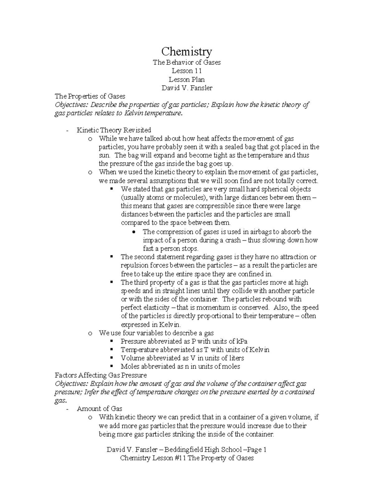 Chemistry Lesson Plans 11 - The Property of Gases - David V. Fansler ...