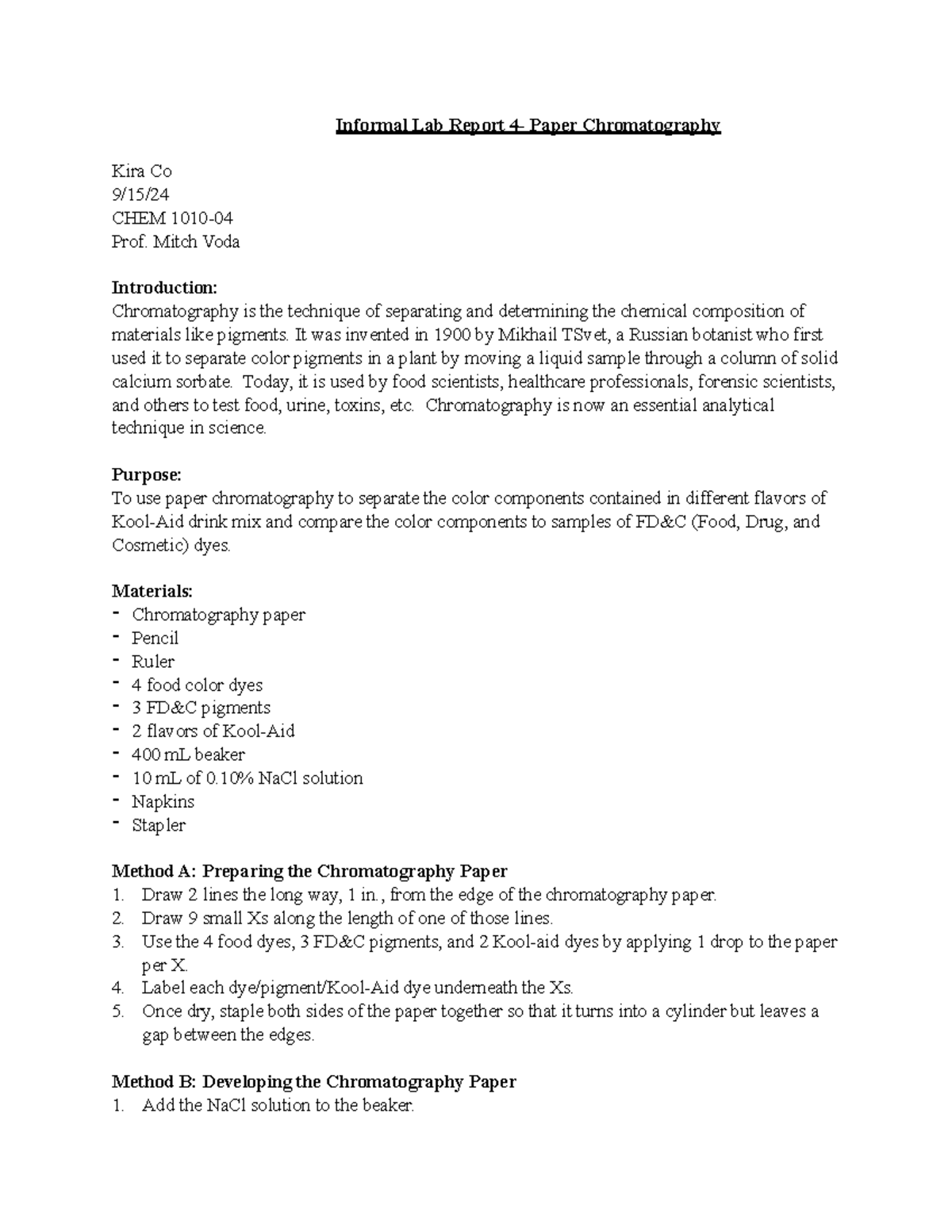 Lab 4 Informal Paper Chromatography - Informal Lab Report 4- Paper ...