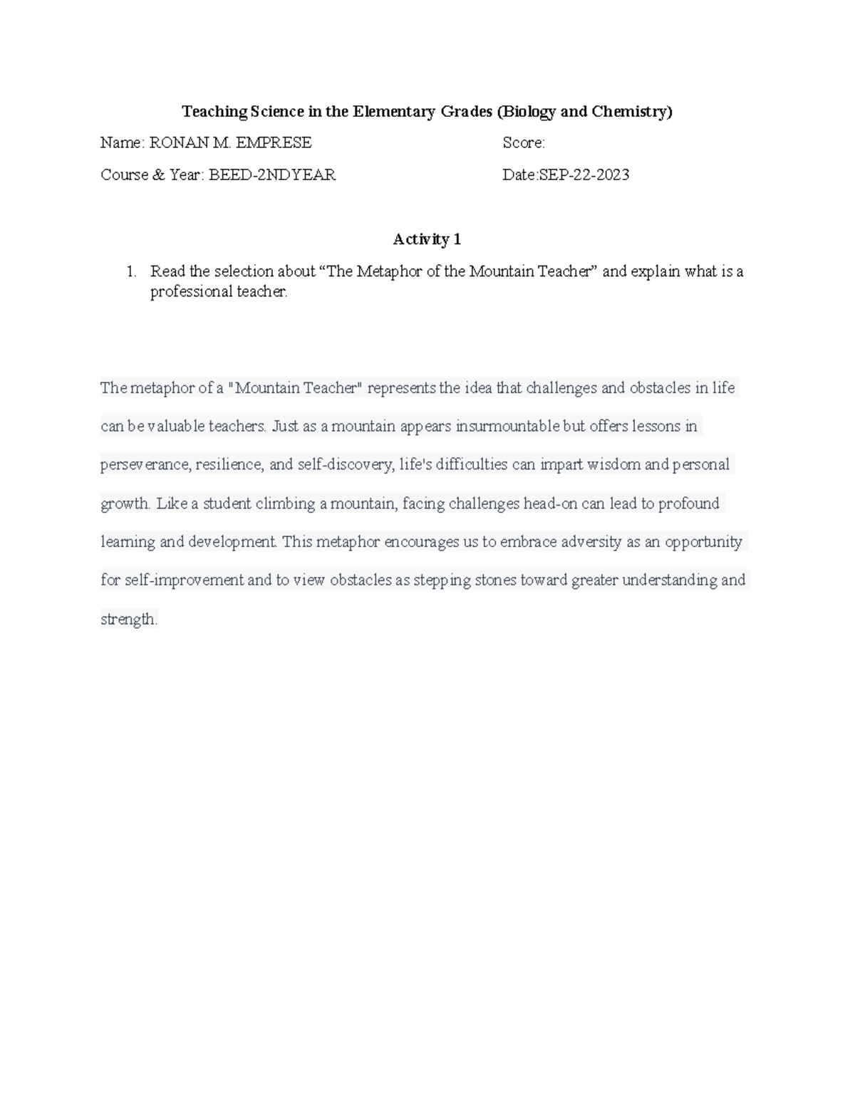 Week 2 Activities on Teaching Profession - Teaching Science in the ...