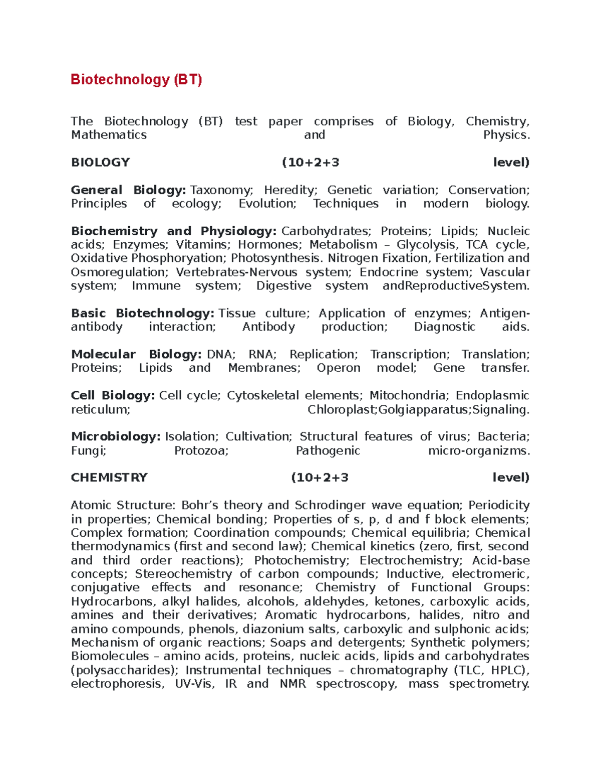 Iitjam syllabus - IIT JAM - Biotechnology (BT) The Biotechnology (BT ...
