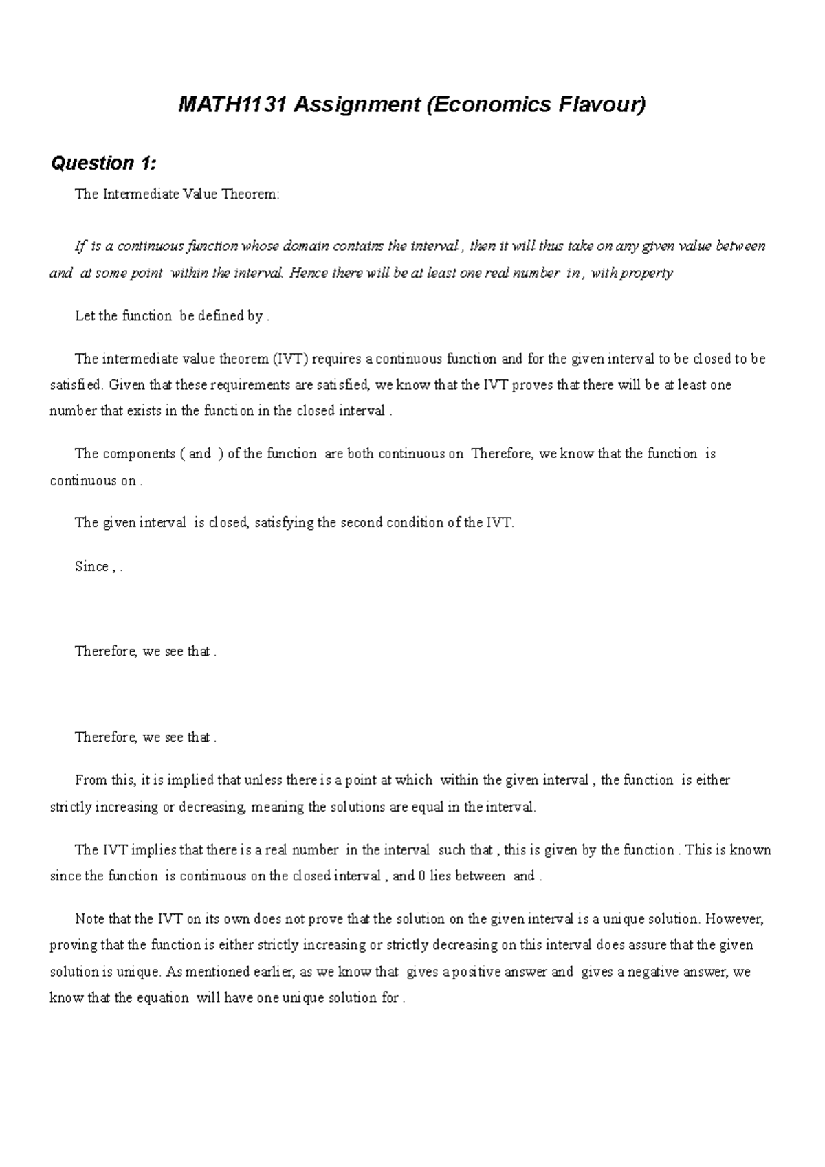 MATH1131 Assignment - Hence there will be at least one real number in , with property Let the ...