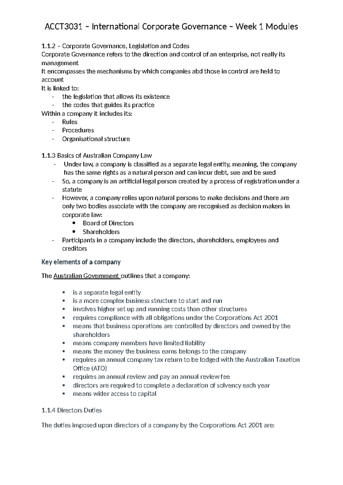 ACCT3031 – International Corporate Governance – Week 1 Modules - 1.1 ...