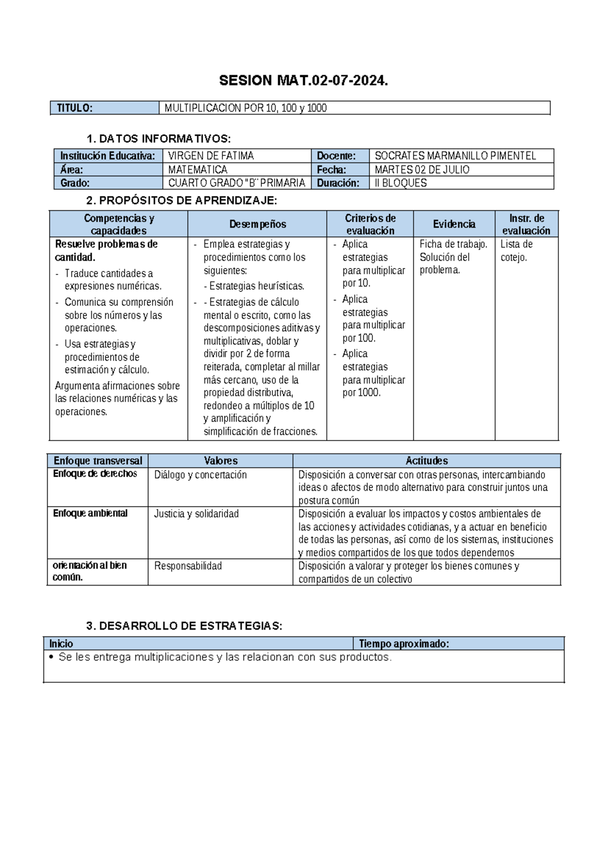 Sesion MAT.02-07-2024. - SESION MAT-07-2024. TITULO: MULTIPLICACION POR 10, 100 y 1000 1. DATOS ...