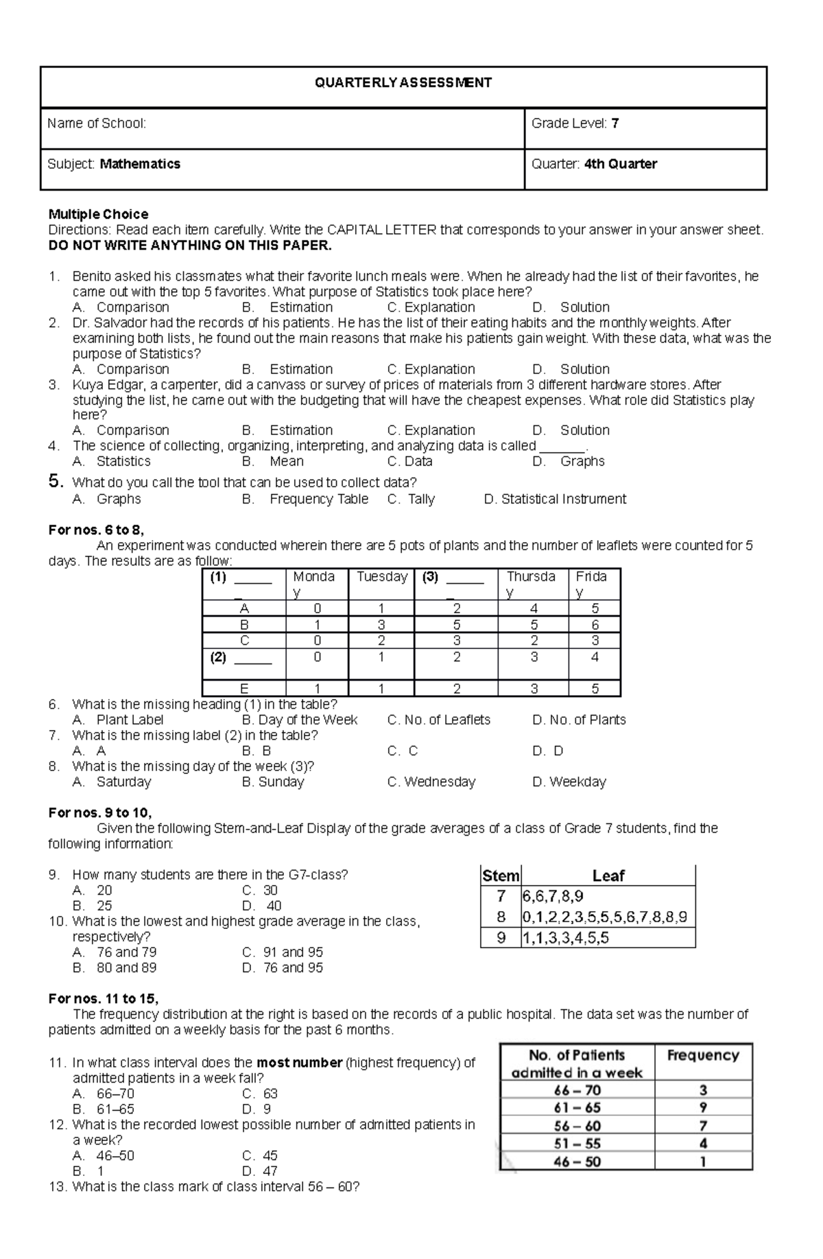 TEST Math7 Q4 - Test in Mathematics for Quarter. - QUARTERLY ASSESSMENT ...