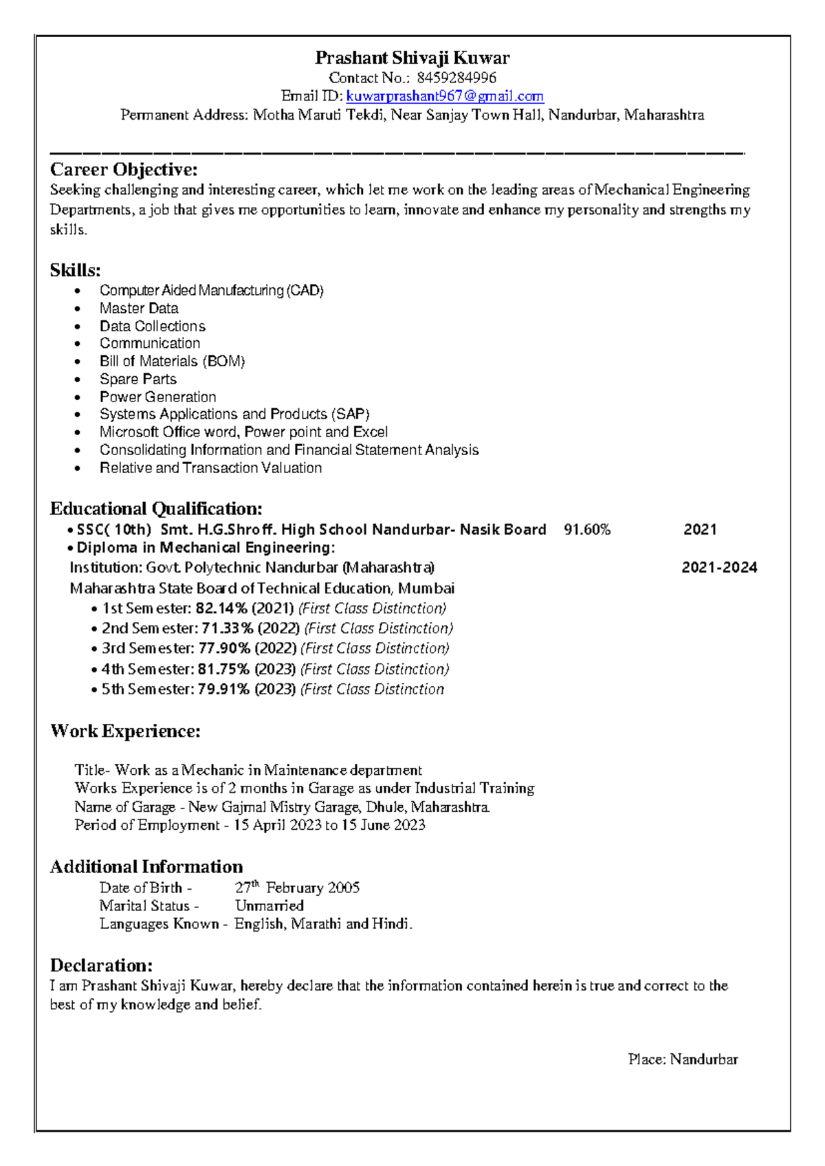 CV - Prashant Kuwar-Resume - Prashant Shivaji Kuwar Contact No ...