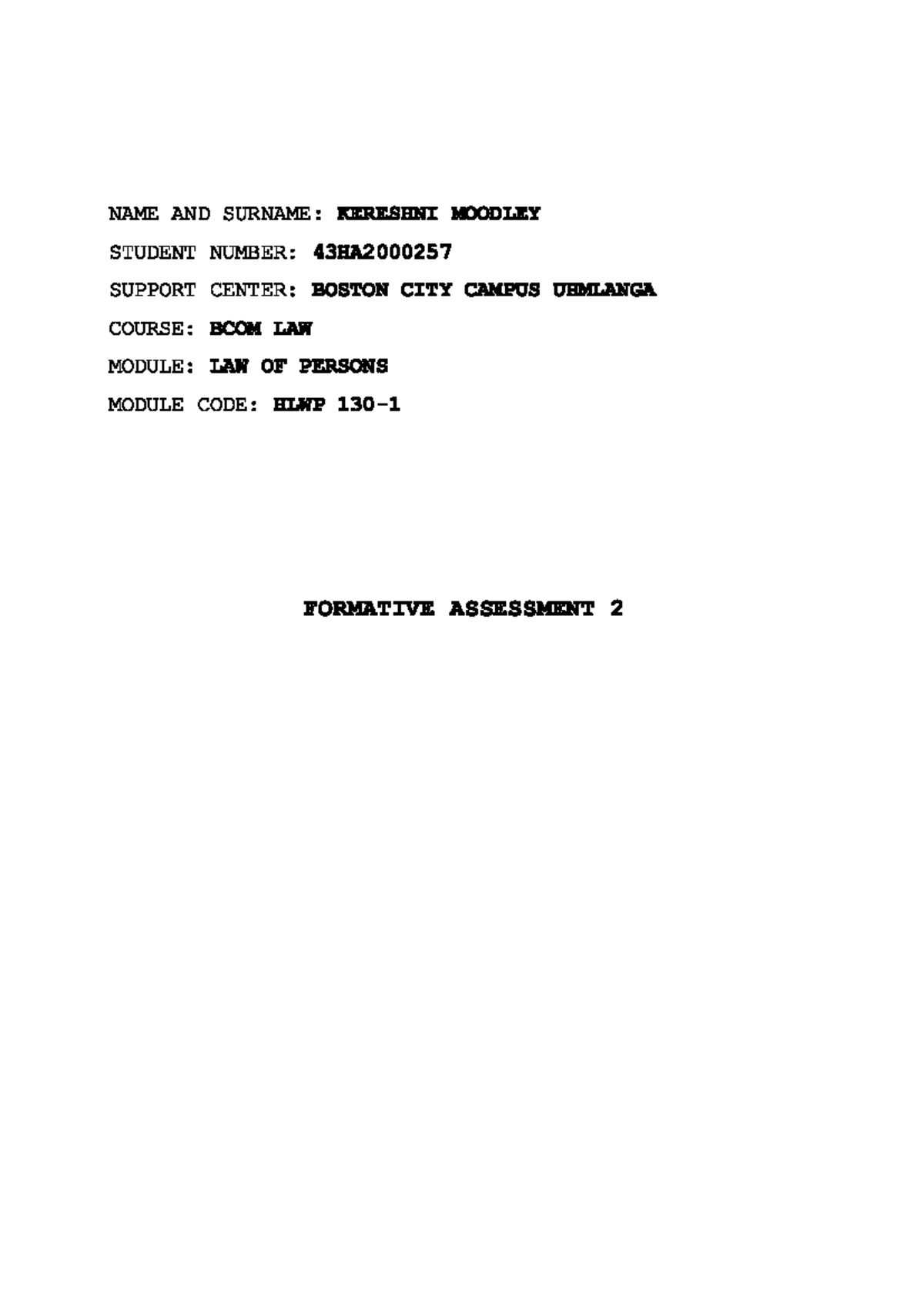 Law of persons Fa2 - fully completed assignment with no plagiarism, high score - HIPLW130-1 ...