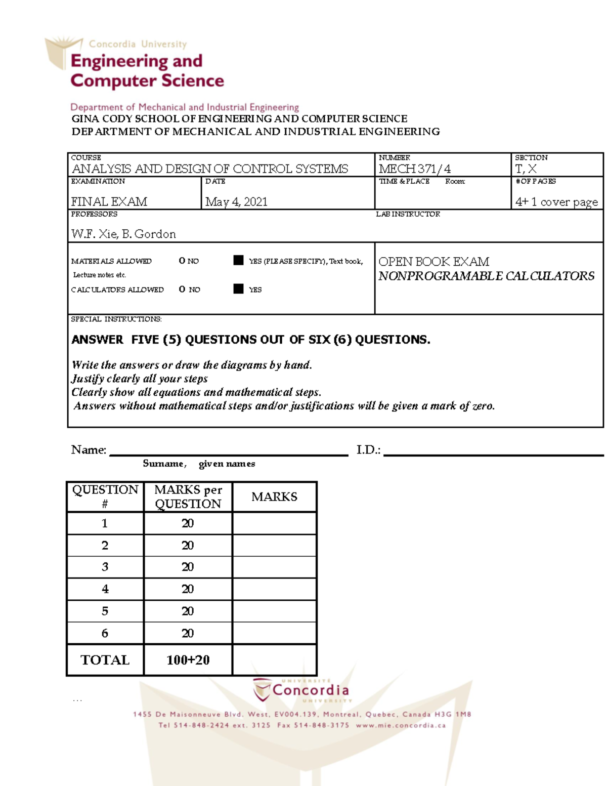 MECH 371 Final Exam Winter 2021 - GINA CODY SCHOOL OF ENGINEERING AND ...