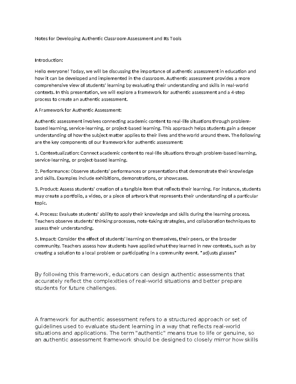 Notes for Developing Authentic Classroom Assessment and Its Tools ...