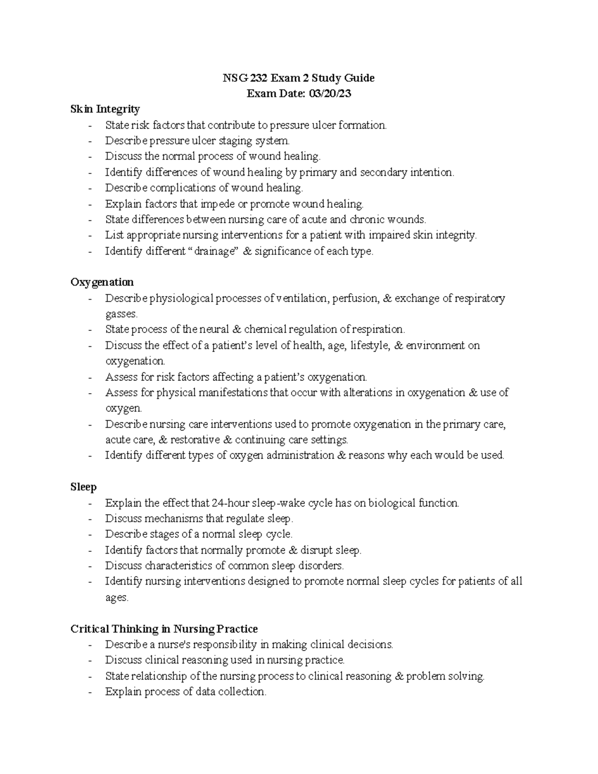 NSG 232 Exam 2 Study Guide - NSG 232 Exam 2 Study Guide Exam Date: 03 ...