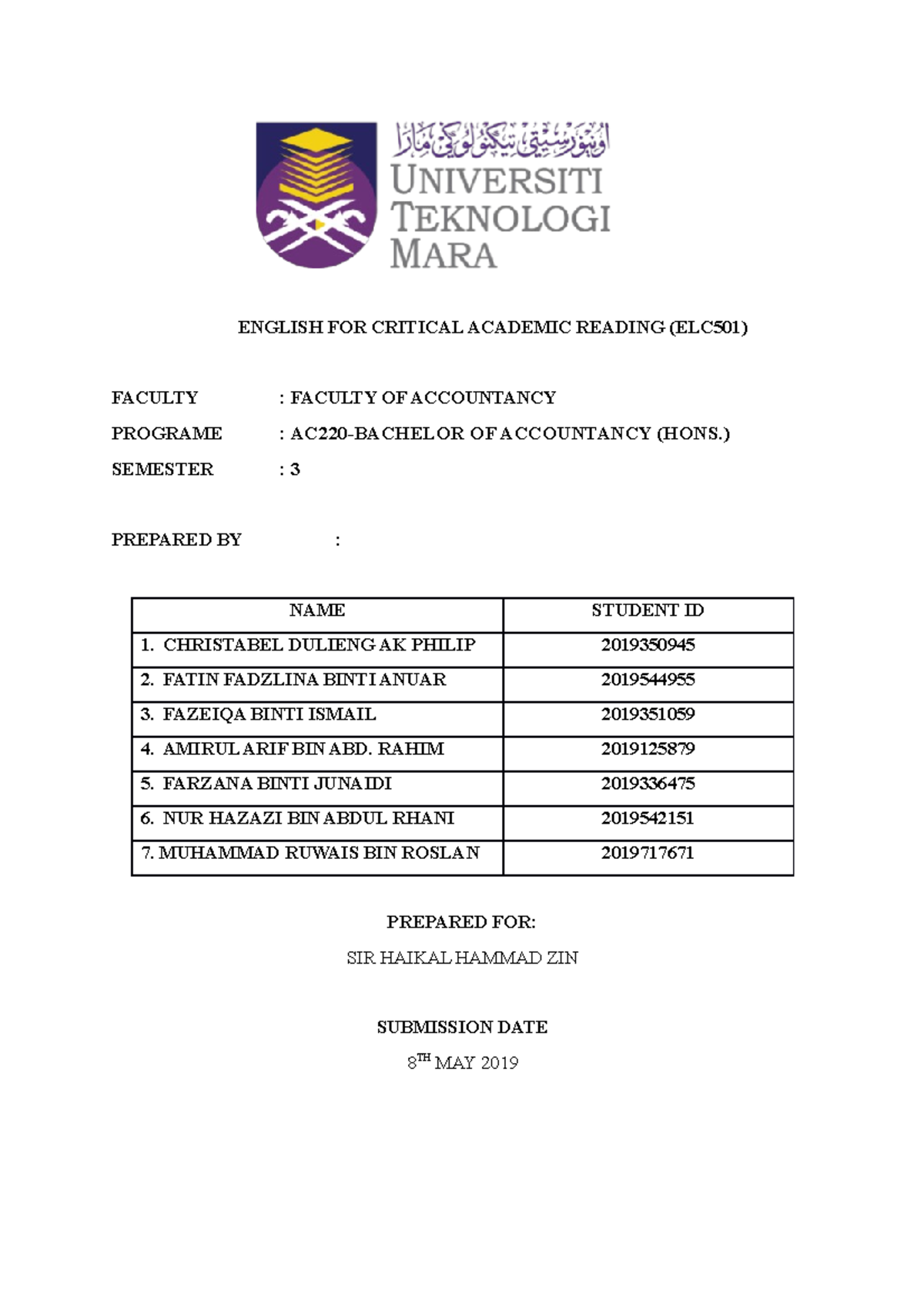 Forum work example ELC semester 3 - ENGLISH FOR CRITICAL ACADEMIC ...