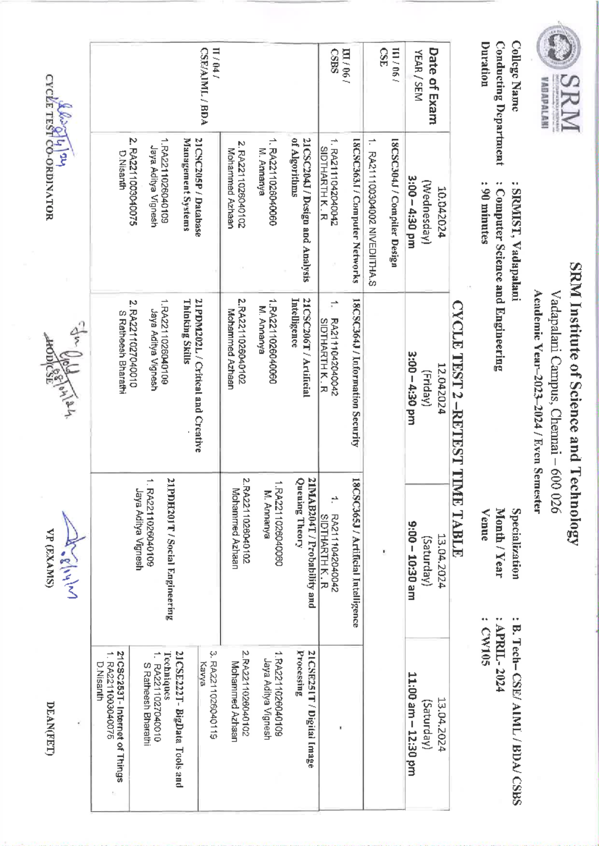 CT Retest Schedule-2 - Design And Analysis Of Algorithms - Studocu
