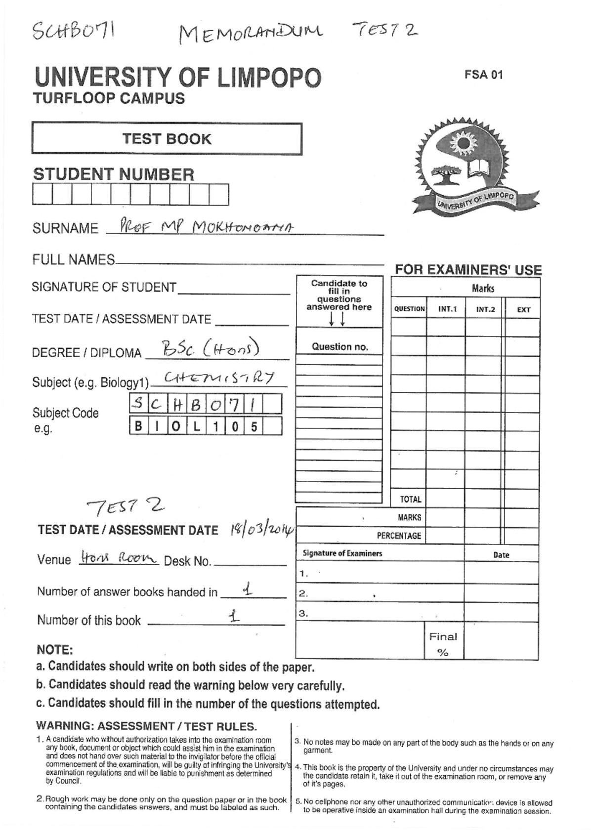 2014 SCHB081 T2 - PRACTICE - SCHB071 MEMORANDUM TES72 UNIVERSITY OF ...