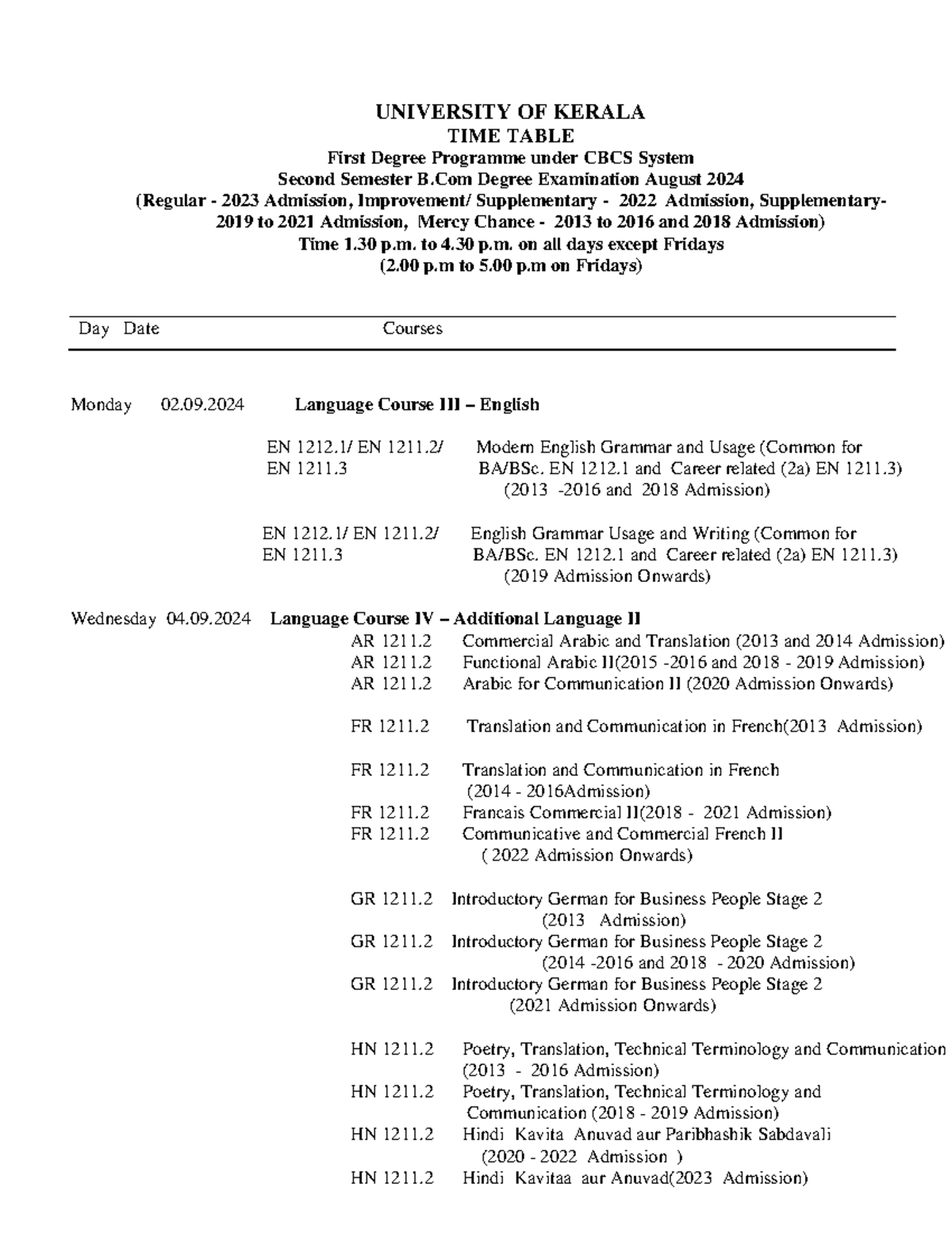 70461 - timetab;le - UNIVERSITY OF KERALA TIME TABLE First Degree Programme under CBCS System ...