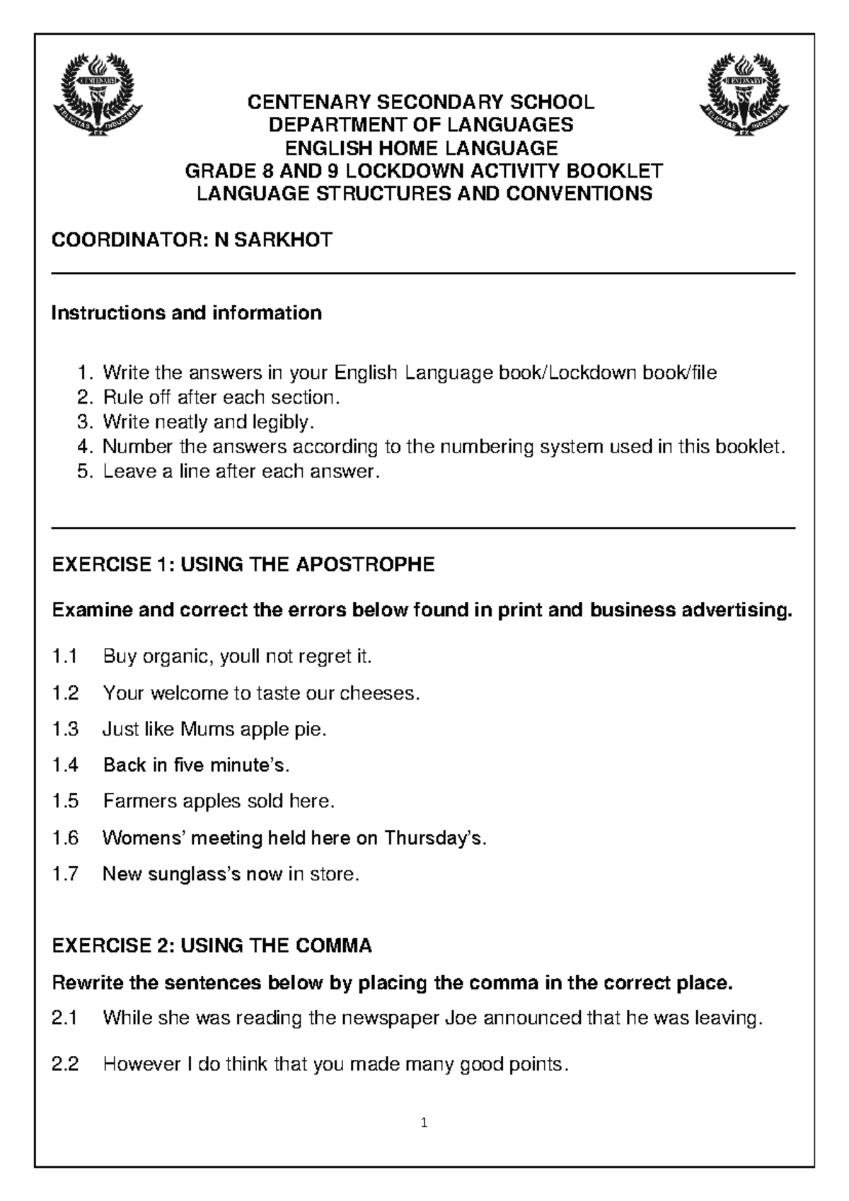 Gr 8 and 9 English Lockdown Booklet - CENTENARY SECONDARY SCHOOL ...