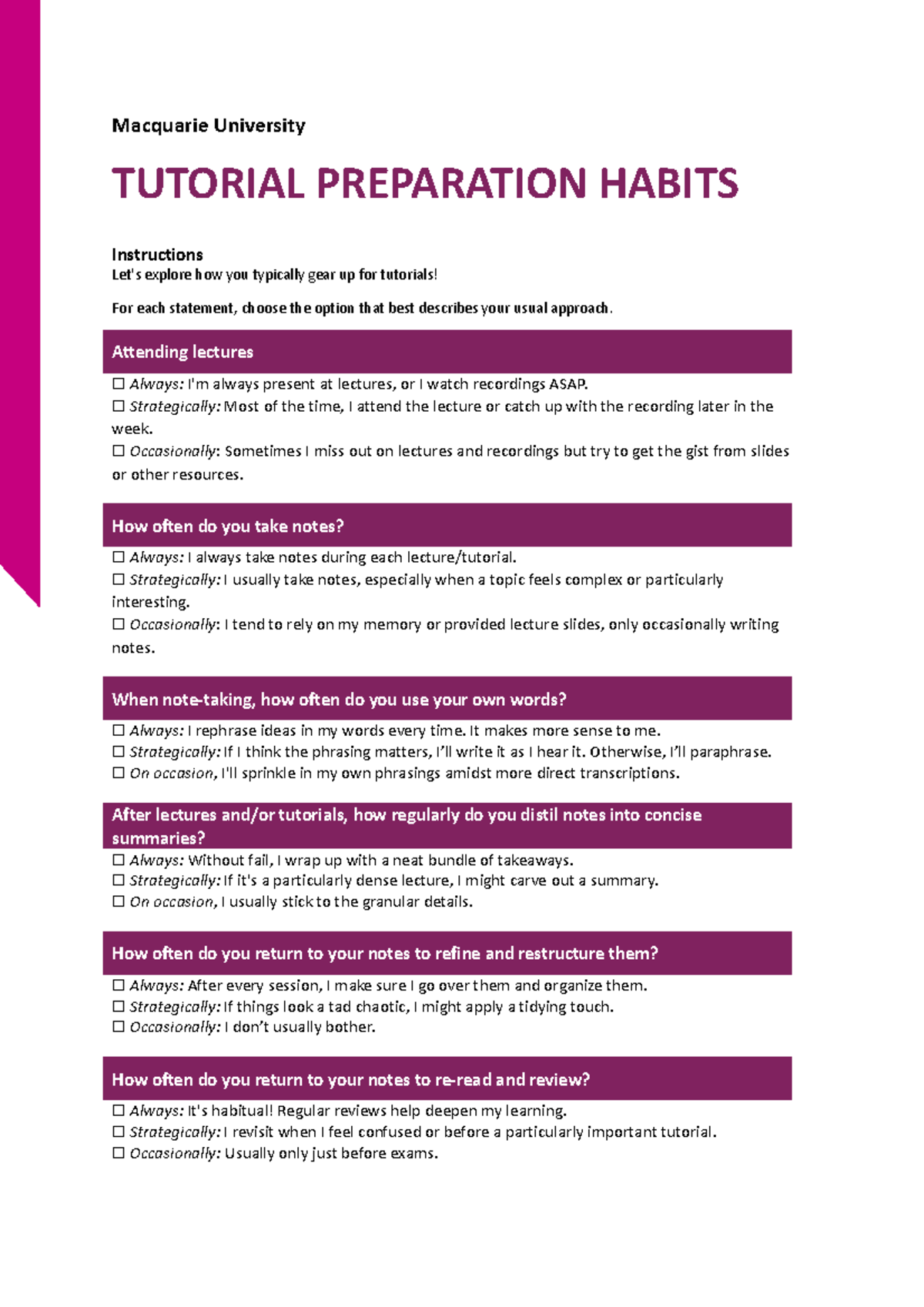 Tutorial preparation self reflection tool 1 09 version - Macquarie ...