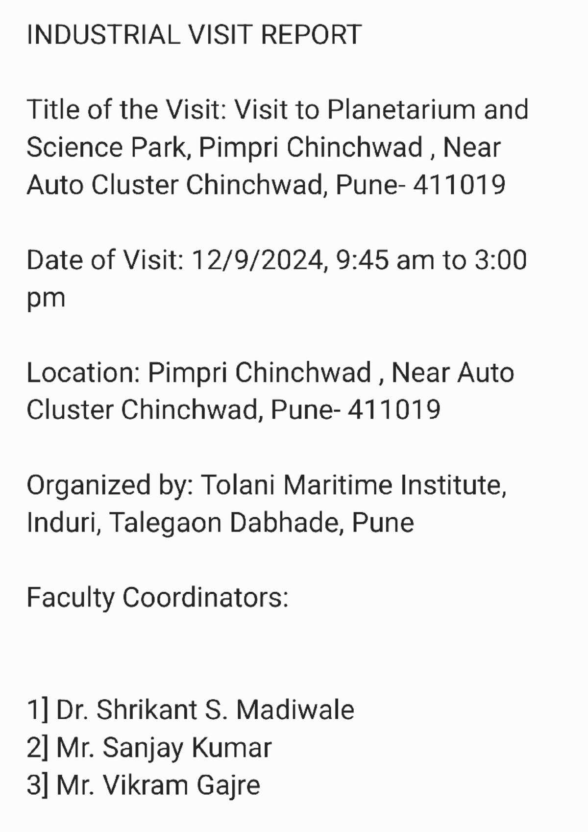 Industrial Visit Report - INDUSTRIAL VISIT REPORT Title of the Visit ...