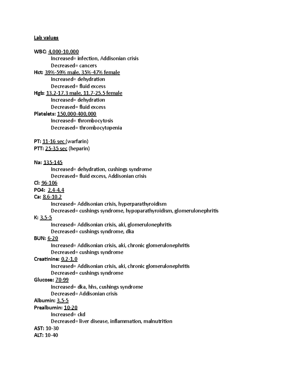 Lab values - Lab values WBC: 4,000-10, Increased= infection, Addisonian ...