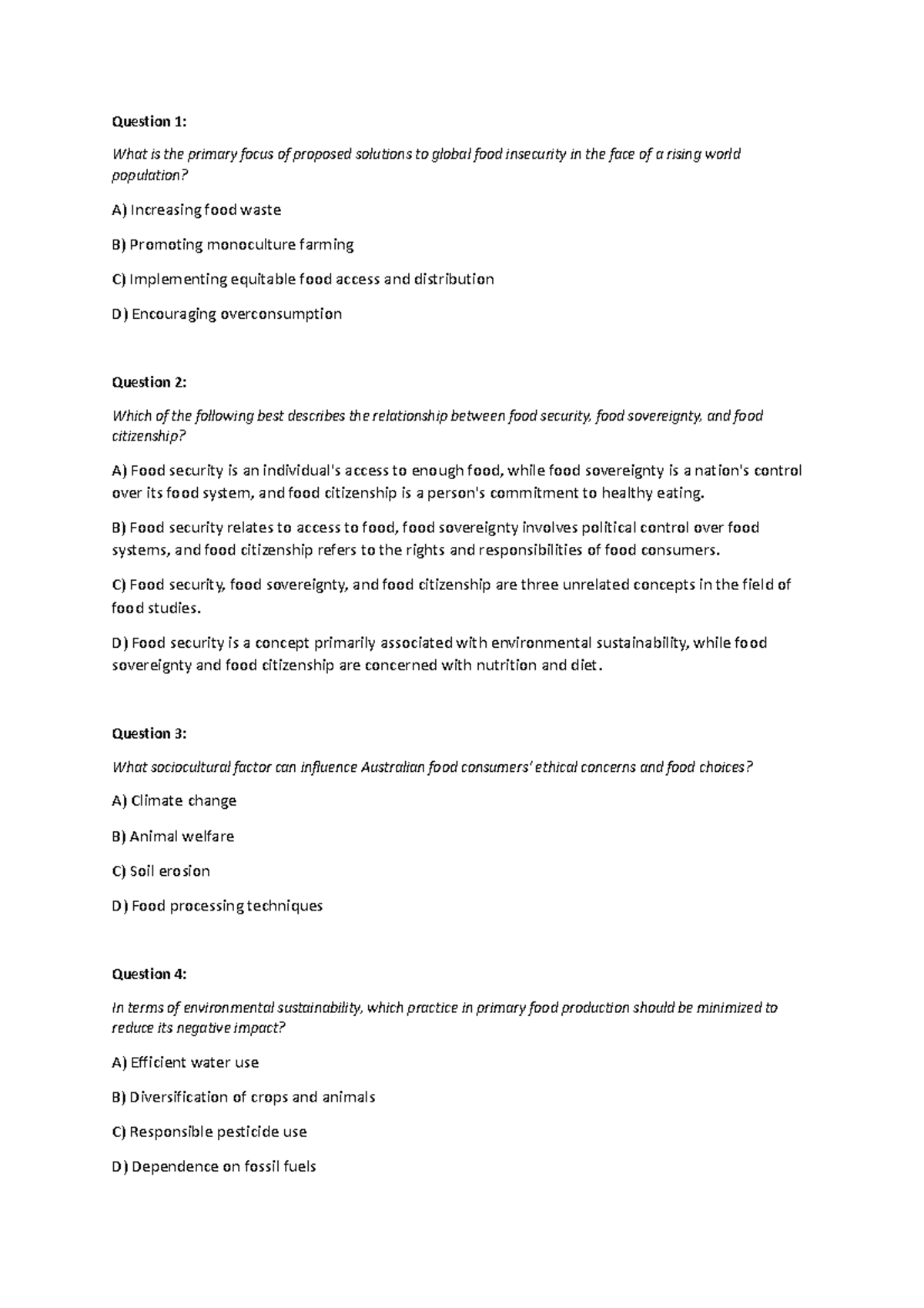 Food Studies Exam Style Questions MC - What is the primary focus of ...