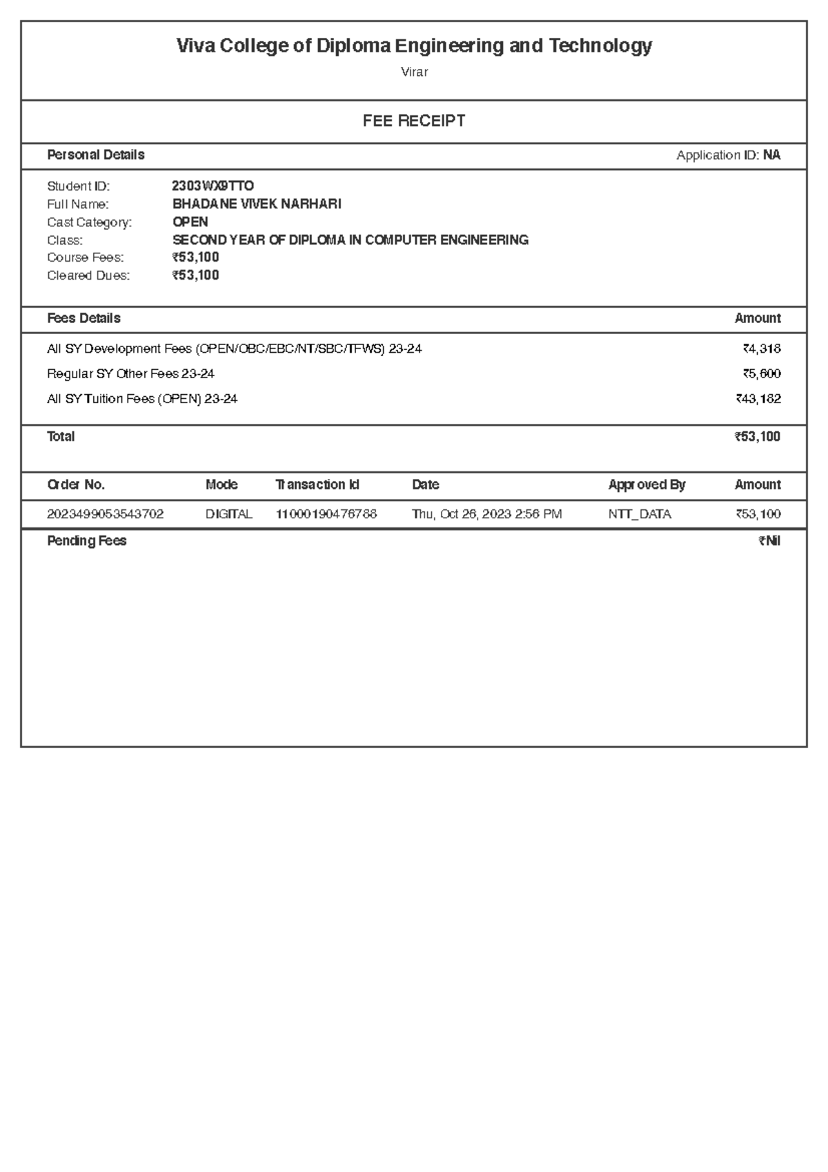 Fee Receipt(PAY-92023-d0a15915-2b63-492c-a9e9-43455 f152f32) - Viva ...