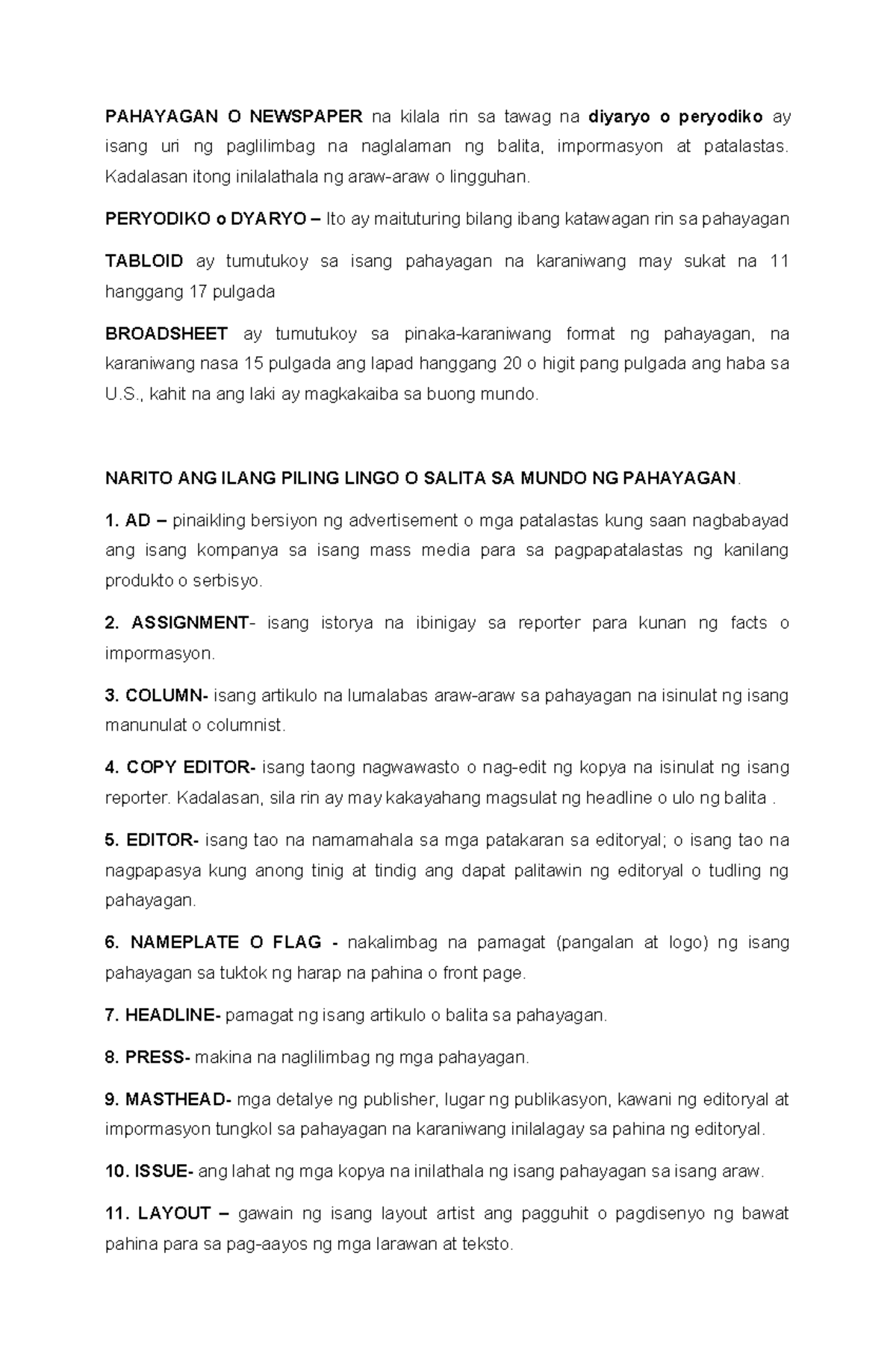 Filipino 8 - Reviewer - PAHAYAGAN O NEWSPAPER na kilala rin sa tawag na ...