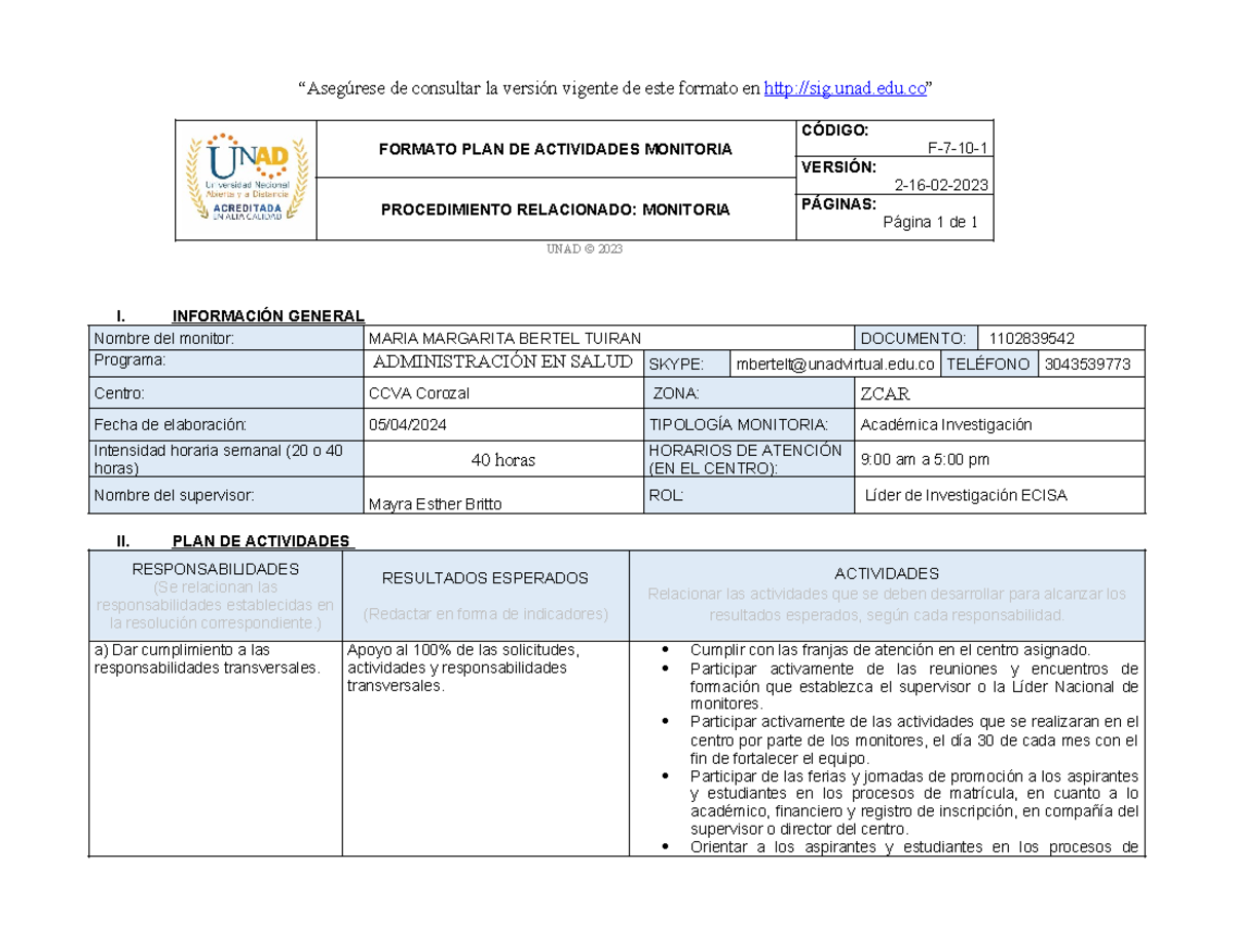 PLAN DE Actividades 2024- Maria Bertel - FORMATO PLAN DE ACTIVIDADES ...