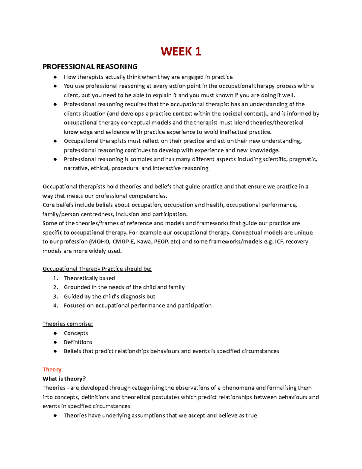 Week 1 - Lecture Notes - WEEK 1 PROFESSIONAL REASONING How therapists ...