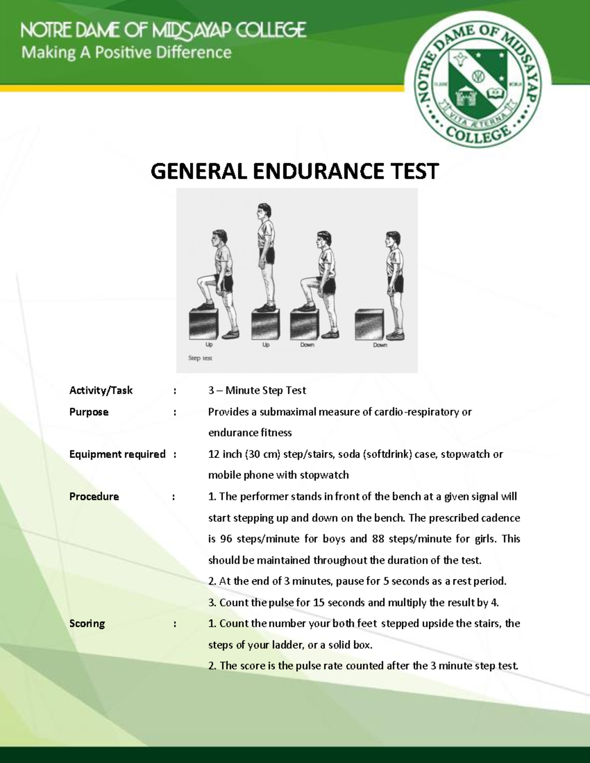 3 Minute STEP TEST GLUAN PERRY GENERAL ENDURANCE TEST Activity Task