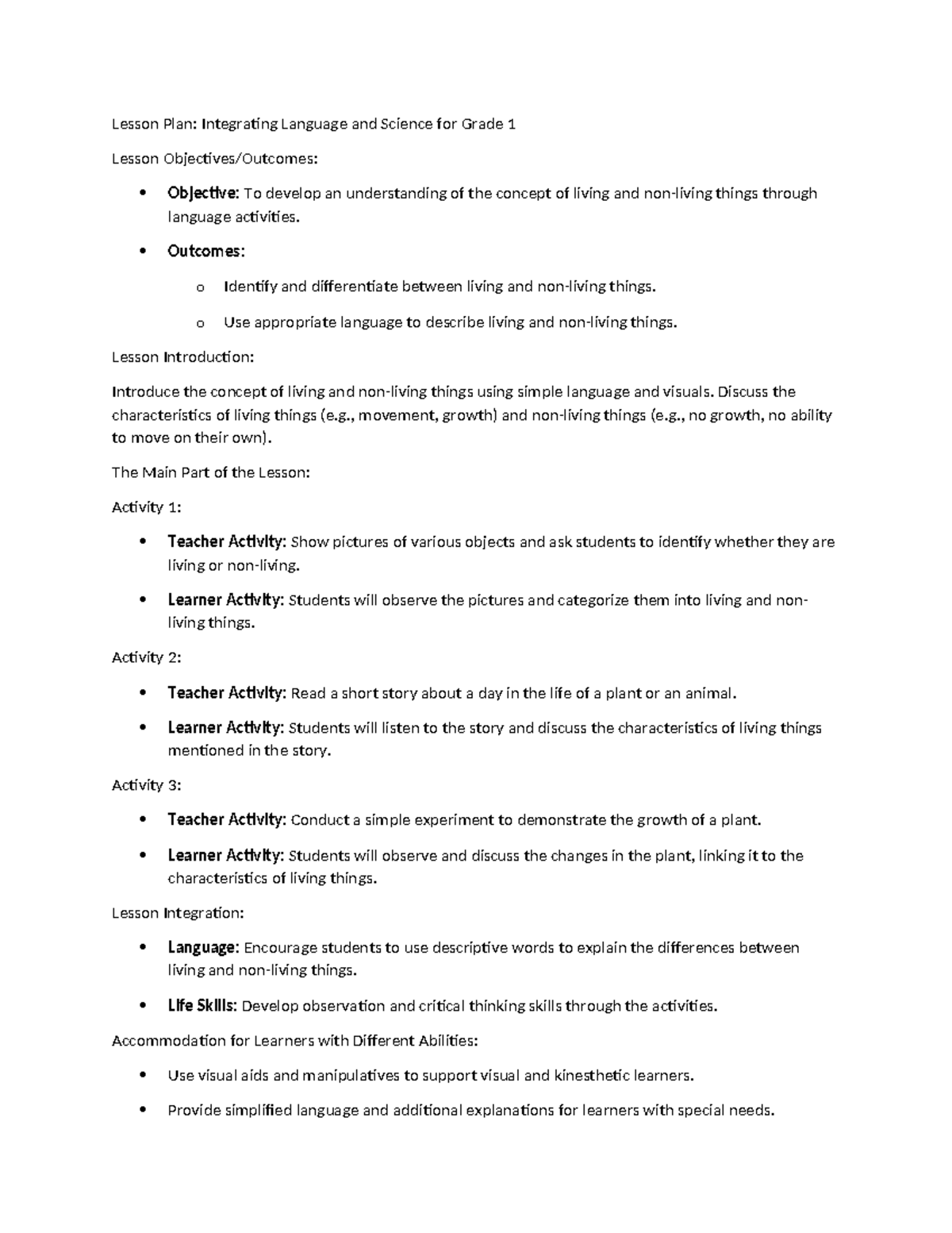 Gr 1 lesson 9 - assignments - Lesson Plan: Integrating Language and ...