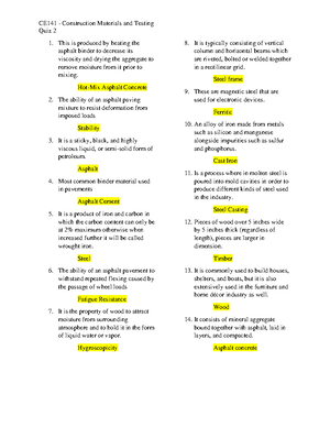 CE141-Construction Materials and Testing Quiz 1 - a) Type I b) Type IV ...