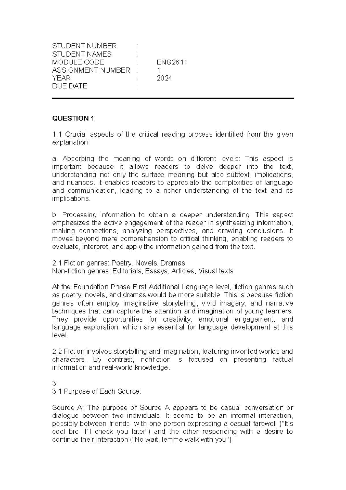 ENG2611 Assignment 1 2024 - STUDENT NUMBER : STUDENT NAMES : MODULE CODE : ENG ASSIGNMENT NUMBER ...