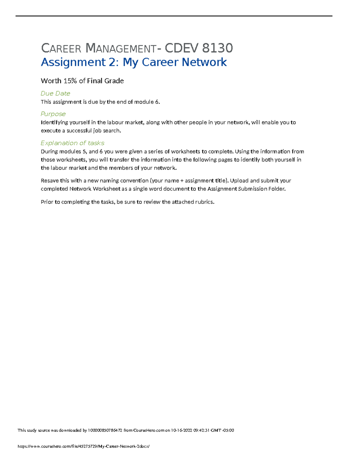 My Career Network 2 - Good - CAREER MANAGEMENT- CDEV 8130 Assignment 2 ...