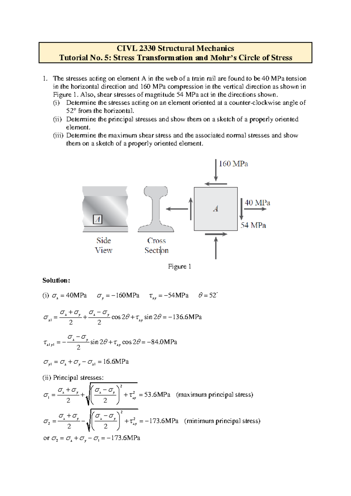 Solutions for CIVL 2330 Tutorial No 5 - CIVL 2330 Structural Mechanics Tutorial No. 5 : Stress ...