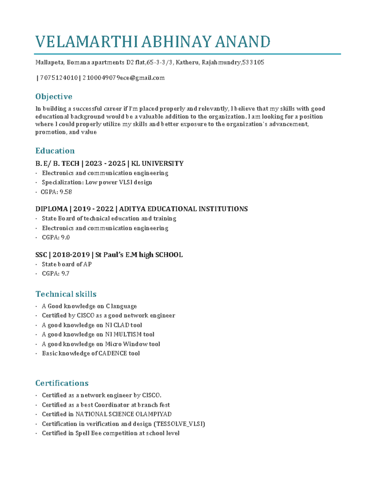 Abhi Btech Resume (PDF) - VELAMARTHI ABHINAY ANAND Mallapeta, Bomana apartments D2 flat,65-3-3/3 ...