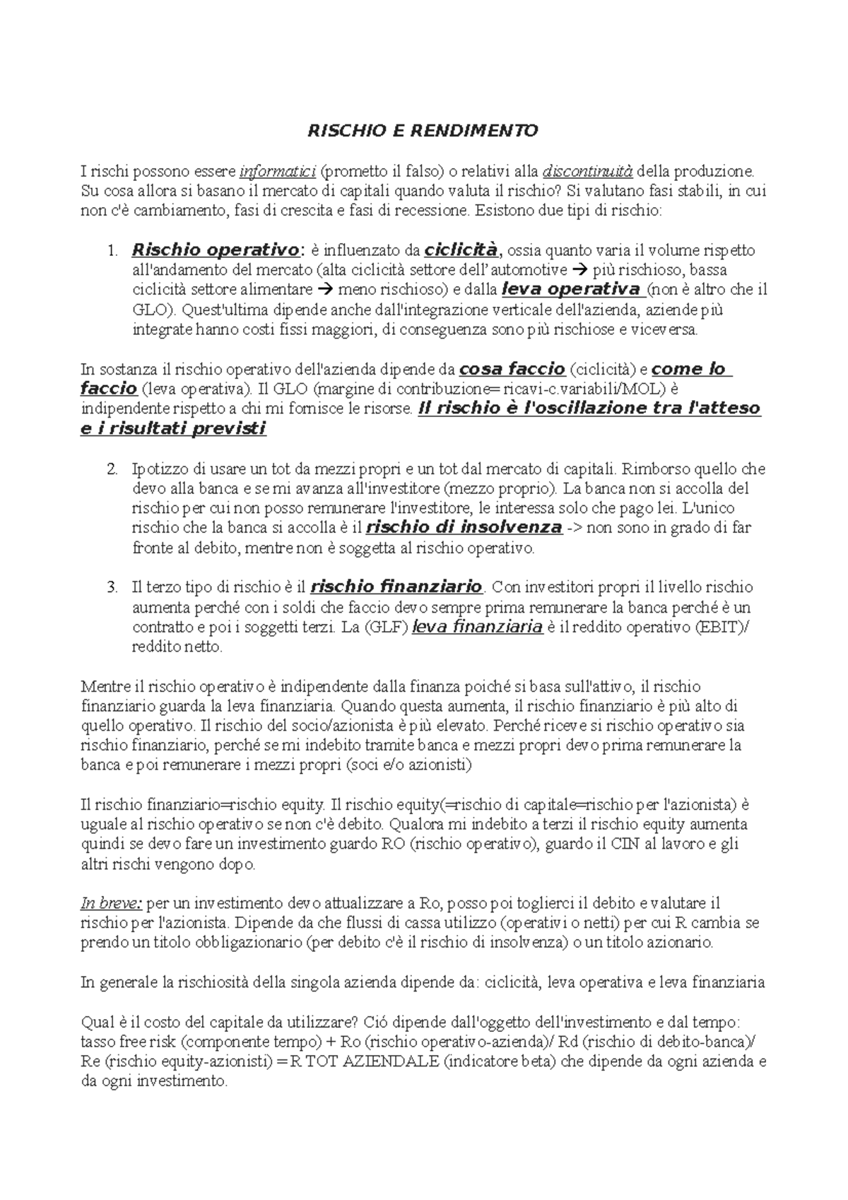 Rischio e rendimento - riassunto ultime lezioni di finanza aziendale ...