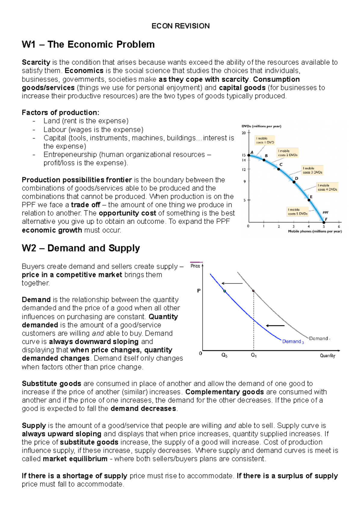 ECON Revision - Summary Principles of Economics - ECON REVISION W1 The ...